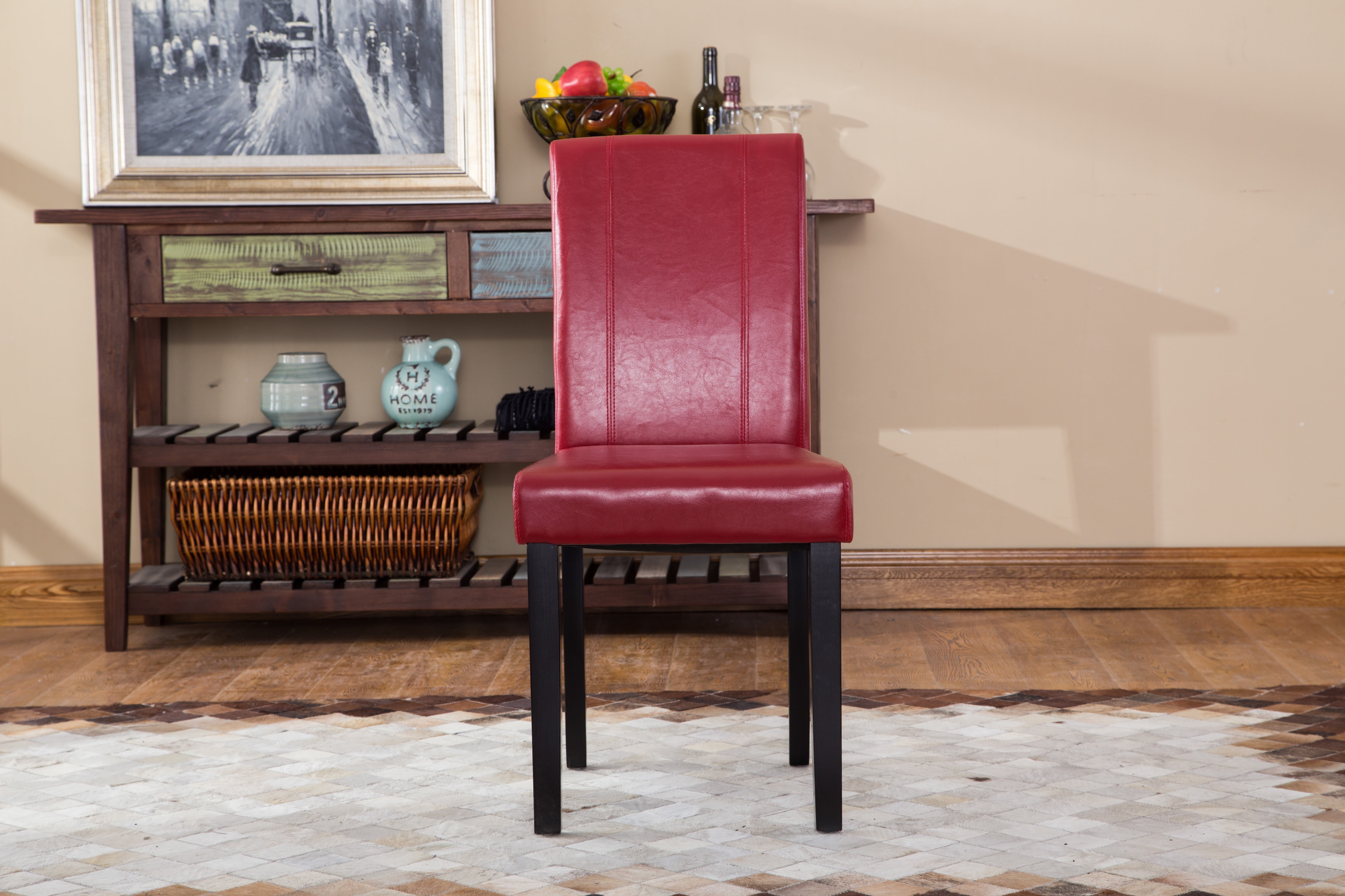Urban Style Red Leatherette Padded Parson Chairs, Set of 2, Solid Wood ...