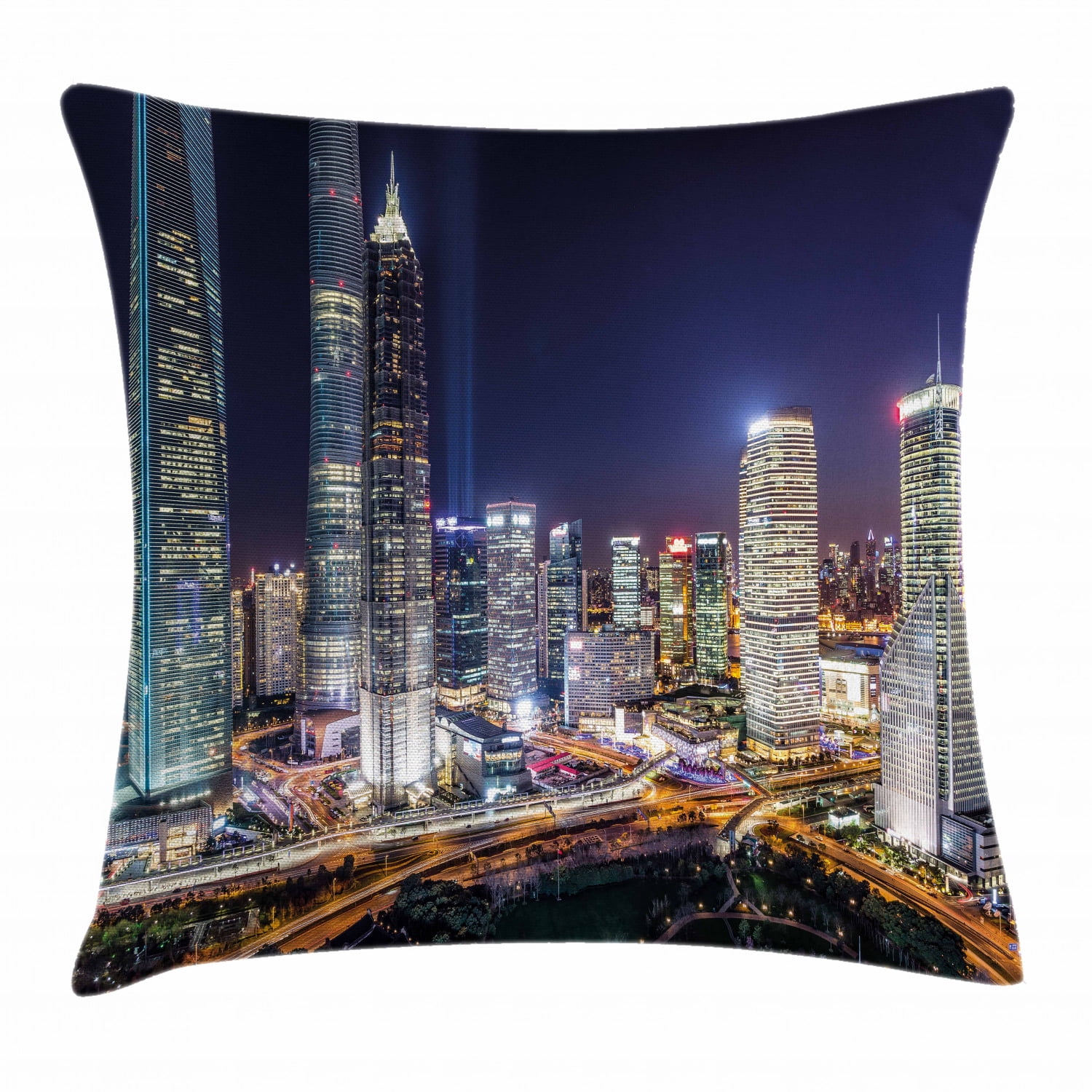 Urban Throw Pillow Cushion Cover, Skyline Illuminated Skyscrapers in ...