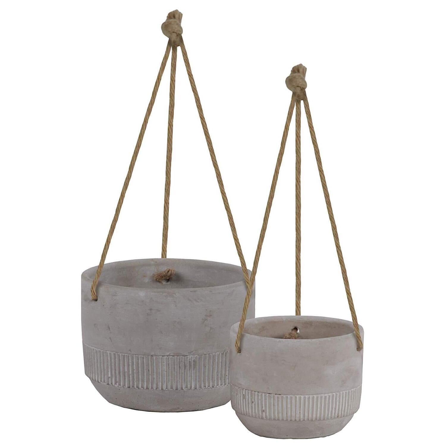 Urban Trends Cement Round Pot with Rope Hanger, Ribbed Banded Rim ...