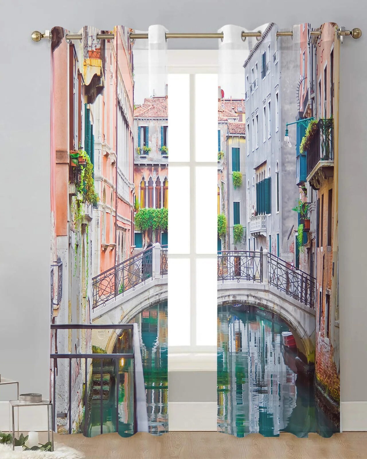 Urban Water Reflection Small Bridge Voile Hanging Curtain Living Room ...