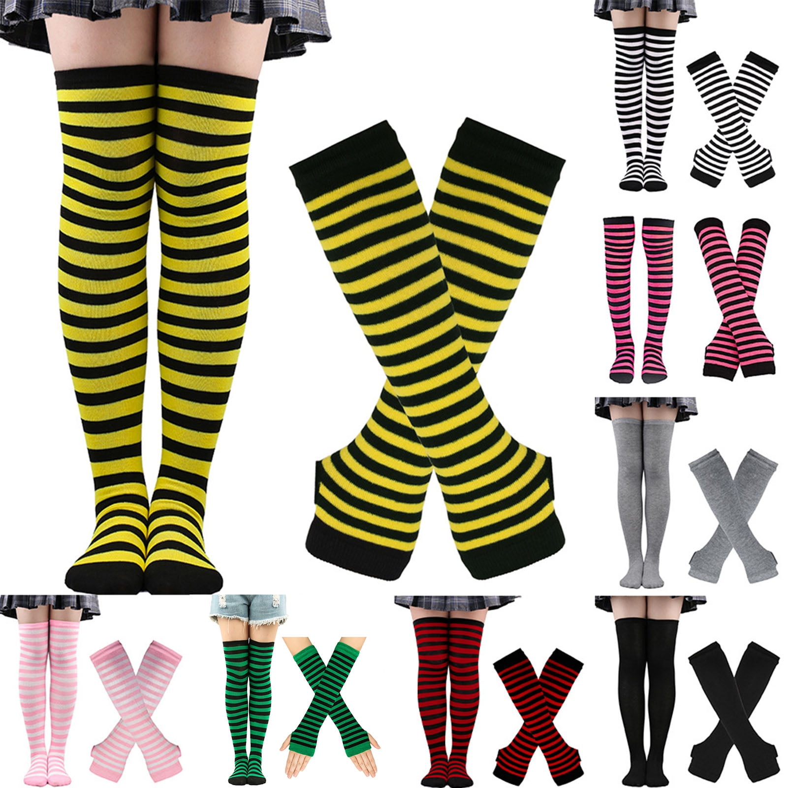 UrbanI 1 Set Winter Socks Gloves Set Thick Slimming Striped Fingerless ...