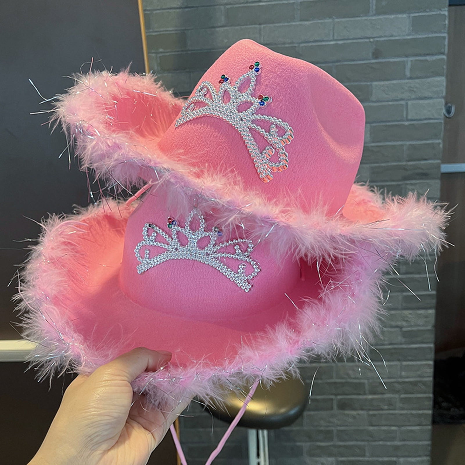 UrbanI Cowgirl Hat Rhinestone Crown Decor Furry Ripped Edge Windproof ...