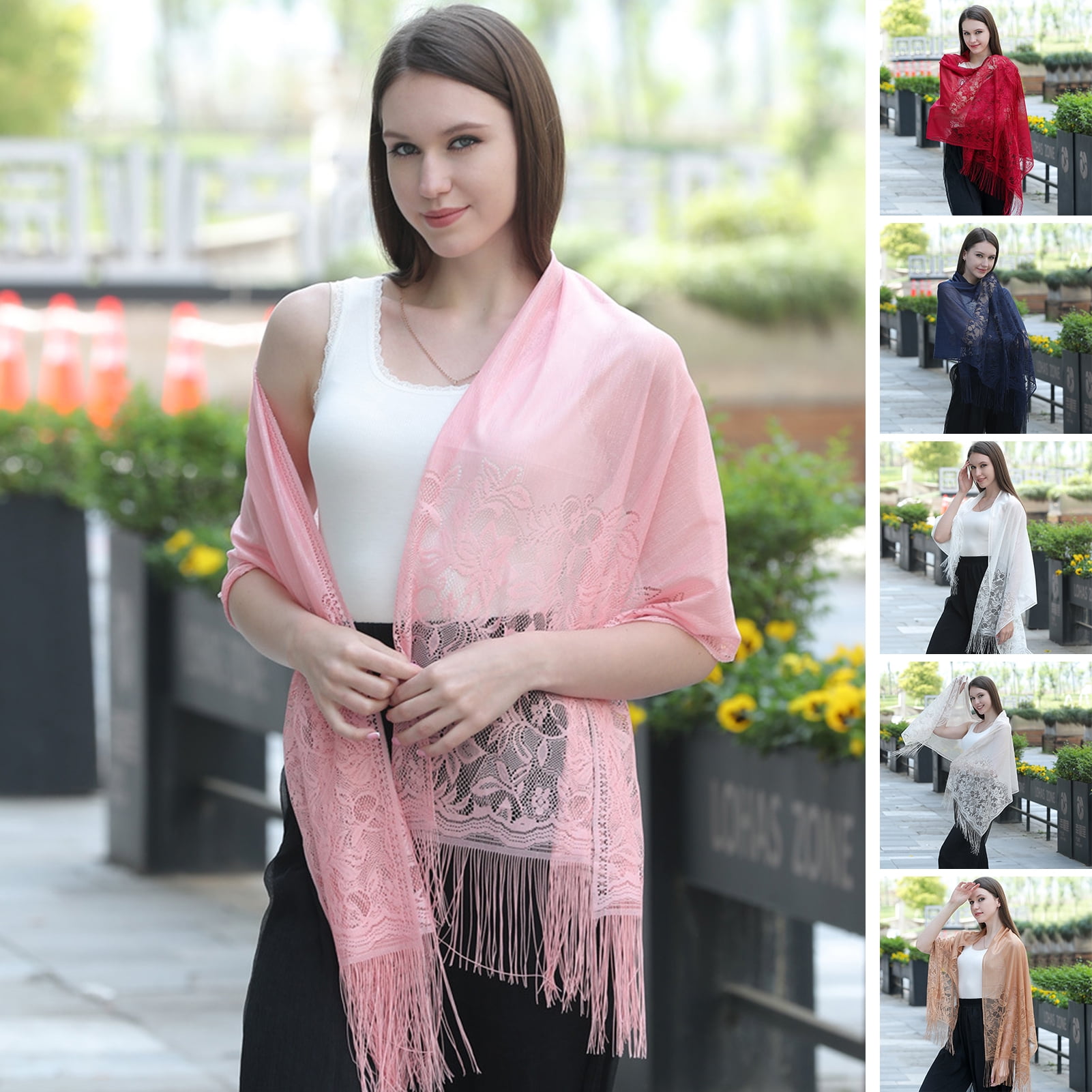 UrbanI Crochet Flower Pattern Embroidery Lace Tassel Dinner Shawl Bride ...