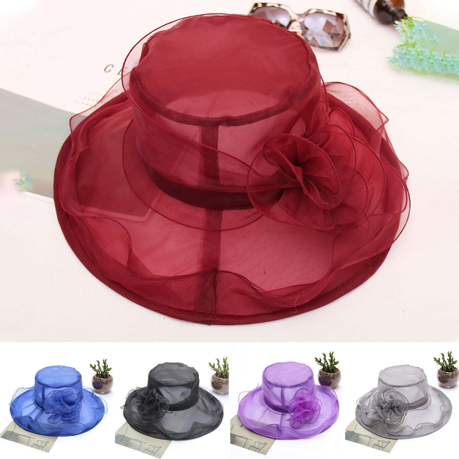 UrbanI Ladies Organza Flower Hat Wide Brim Outdoor Beach Hat Foldable ...