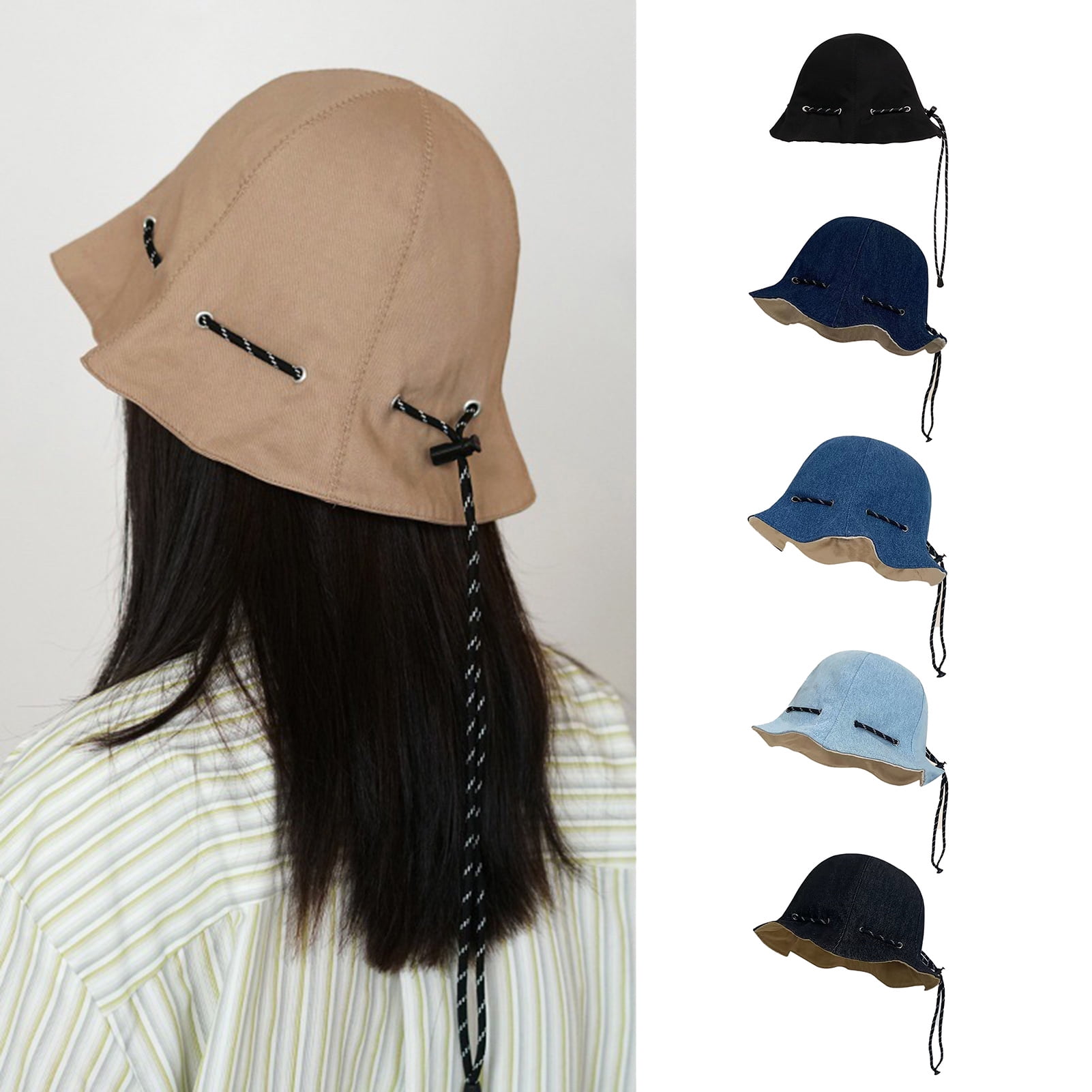 UrbanI Lady Fisherman Hat Adjustable Foldable Drawstring Round Sun ...