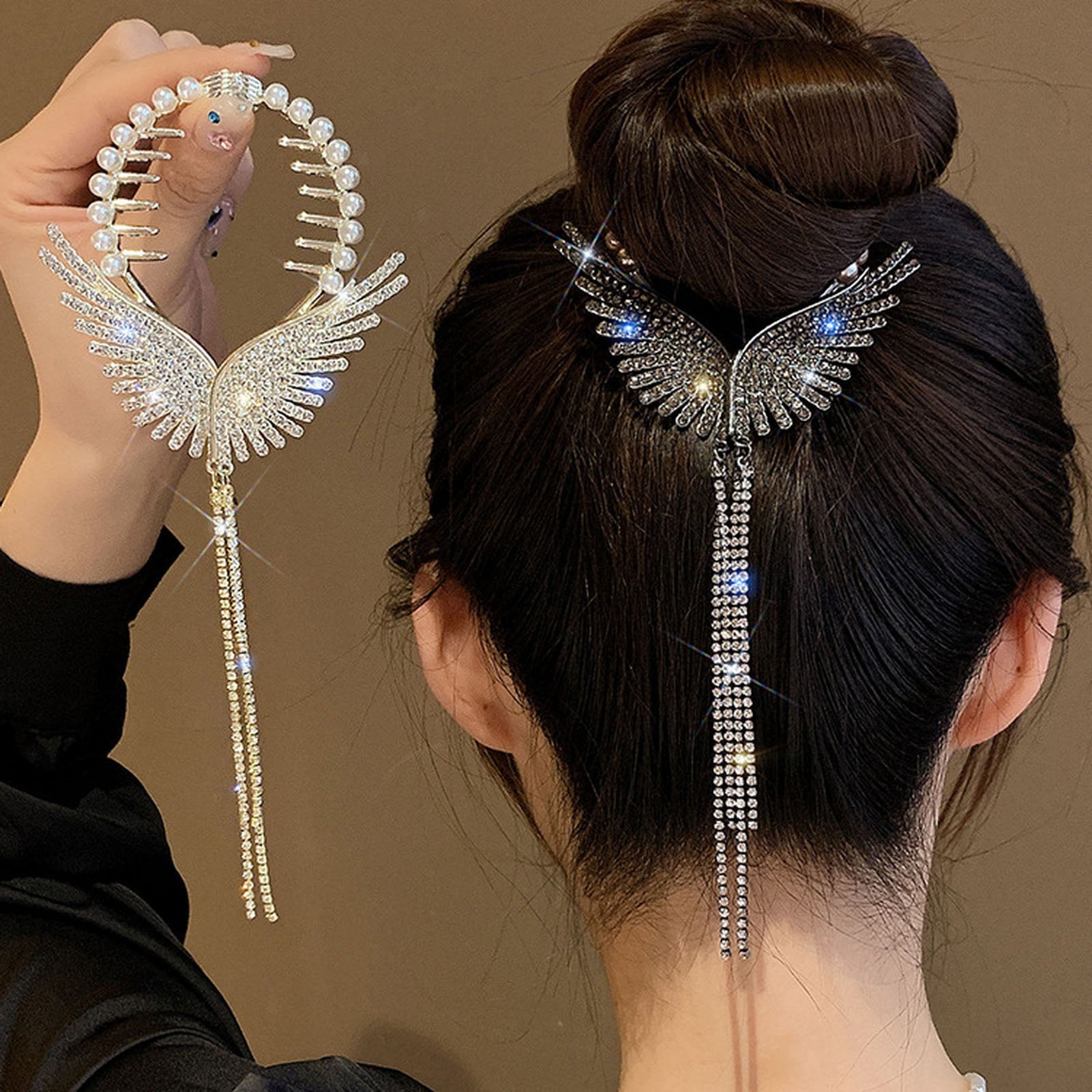 UrbanI Lady Ponytail Claw Wings Shape Shiny Rhinestone Faux Pearl Long ...