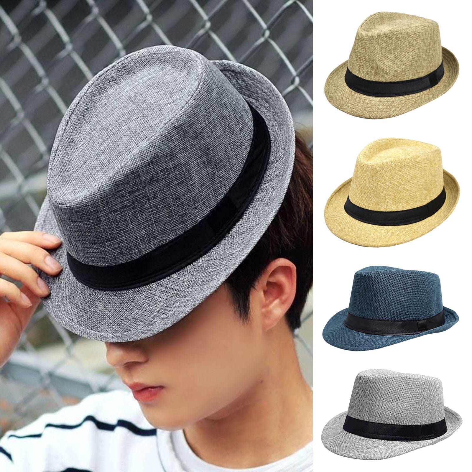 UrbanI Mid-aged Men Women Jazz Hat Outdoor Wide Brim Ribbon Decor ...