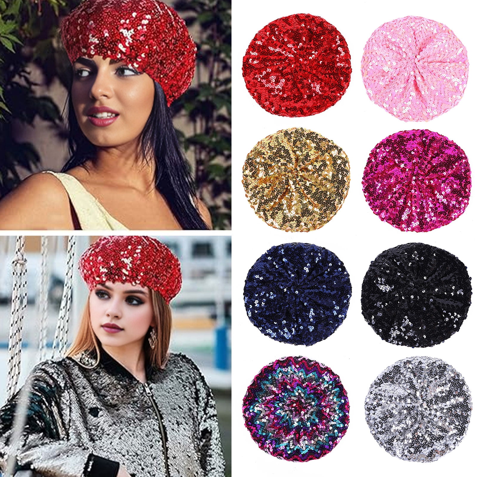 UrbanI Sequin Beret for Women Sparkling Stage Effect No Brim Flat Top Parties Performances ...