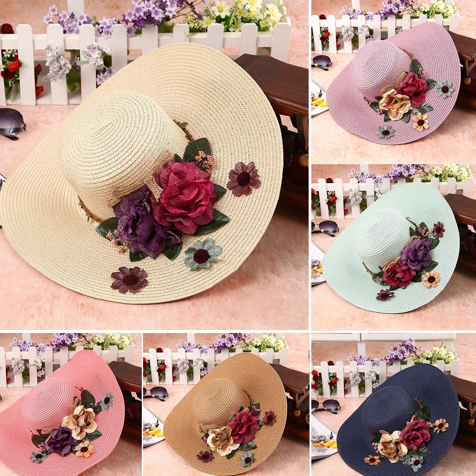 UrbanI Sun Cap Wide Brim Colorful Flowers Temperament Adjustable ...
