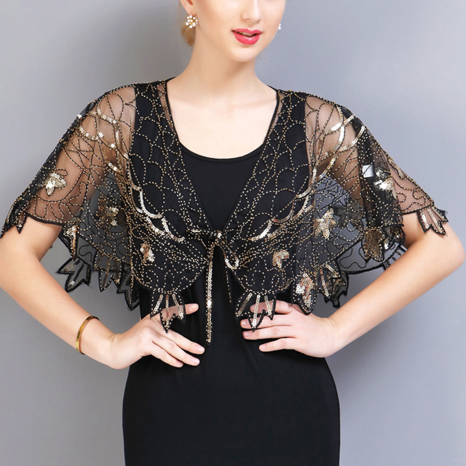 UrbanI Women Shawl Vintage Sheer Black Lace Shiny Colorful Sequins ...