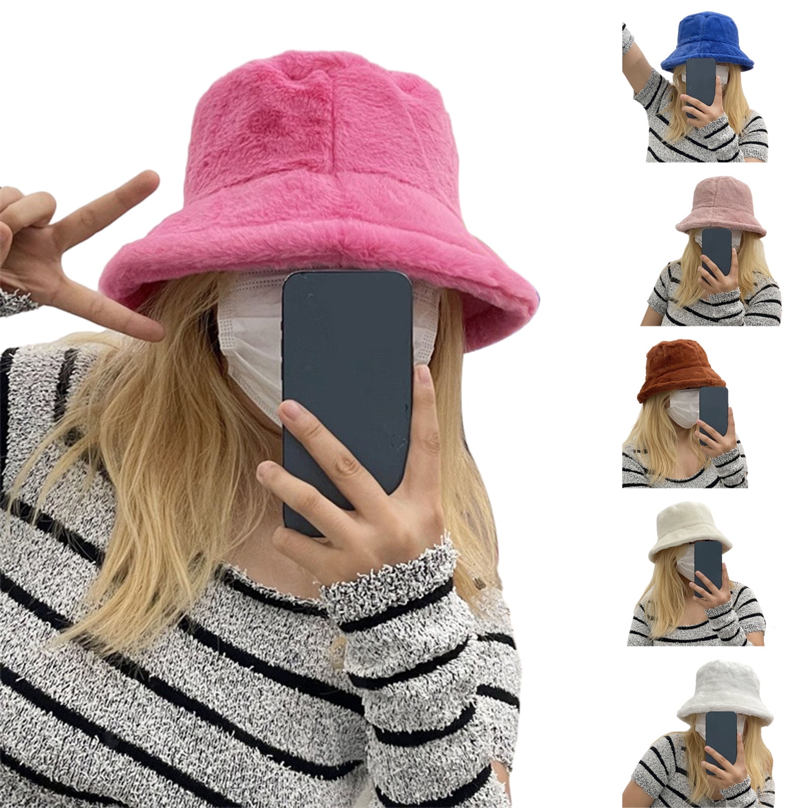 UrbanI Women Winter Fisherman Hat Wide Brim Thick Plush Flat Top ...