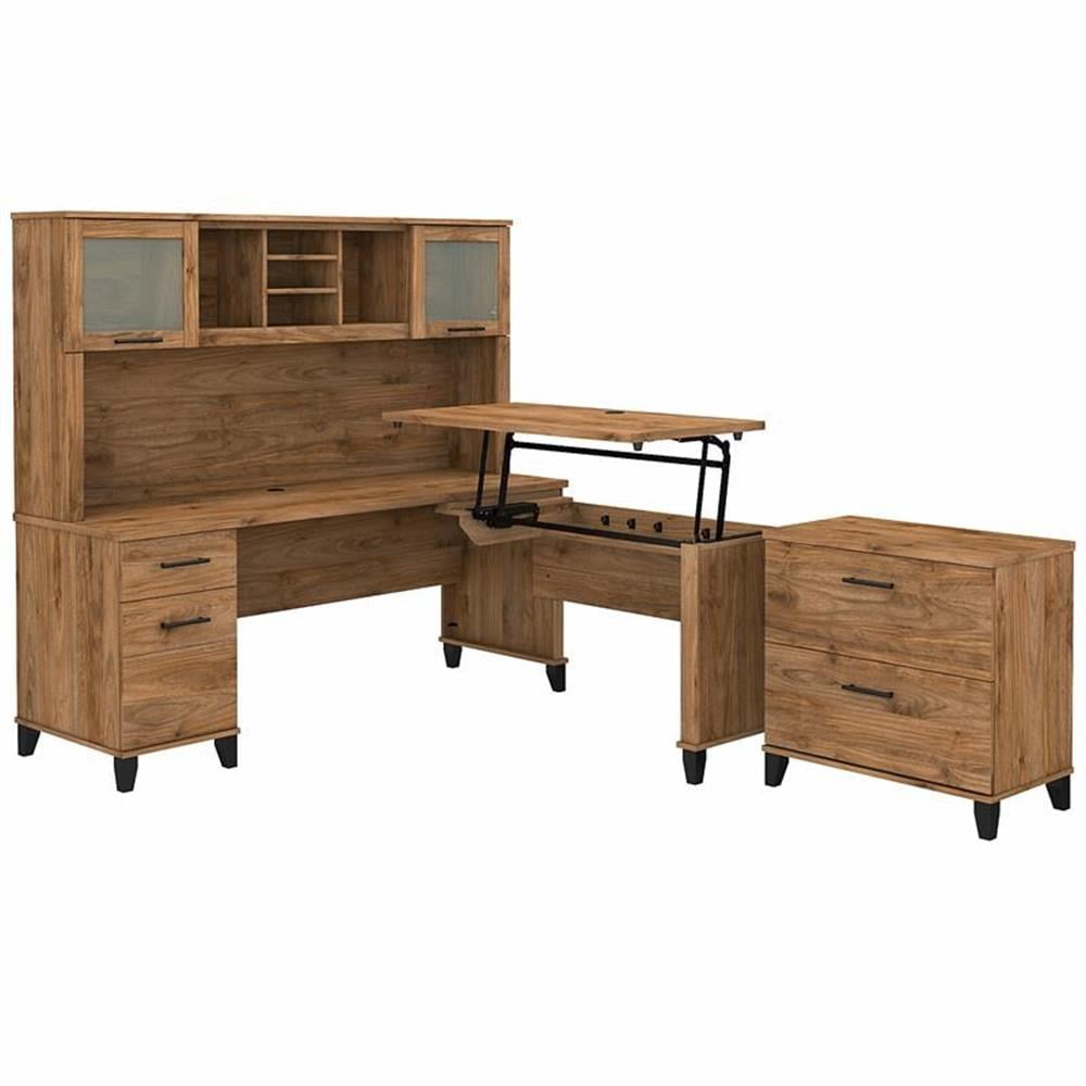 UrbanPro Sit-Stand L Desk Set with File Cabinet in Walnut - Engineered ...