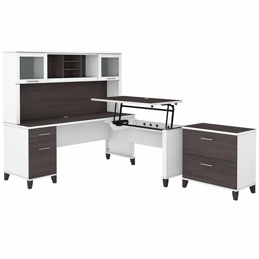 UrbanPro Sit-Stand L Desk Set with File Cabinet in White/Gray ...