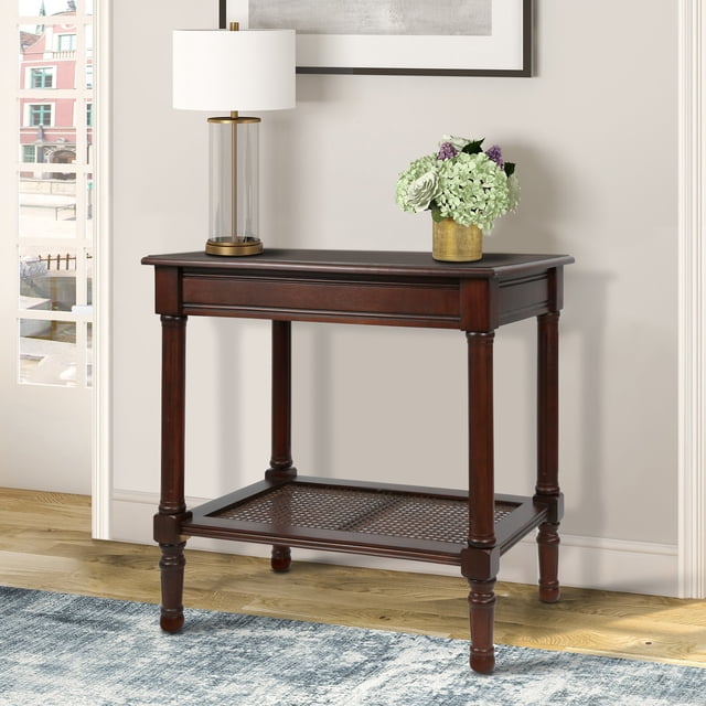 Urbanest Jamestown Solid Wood End Table with Rattan Shelf and Hand ...