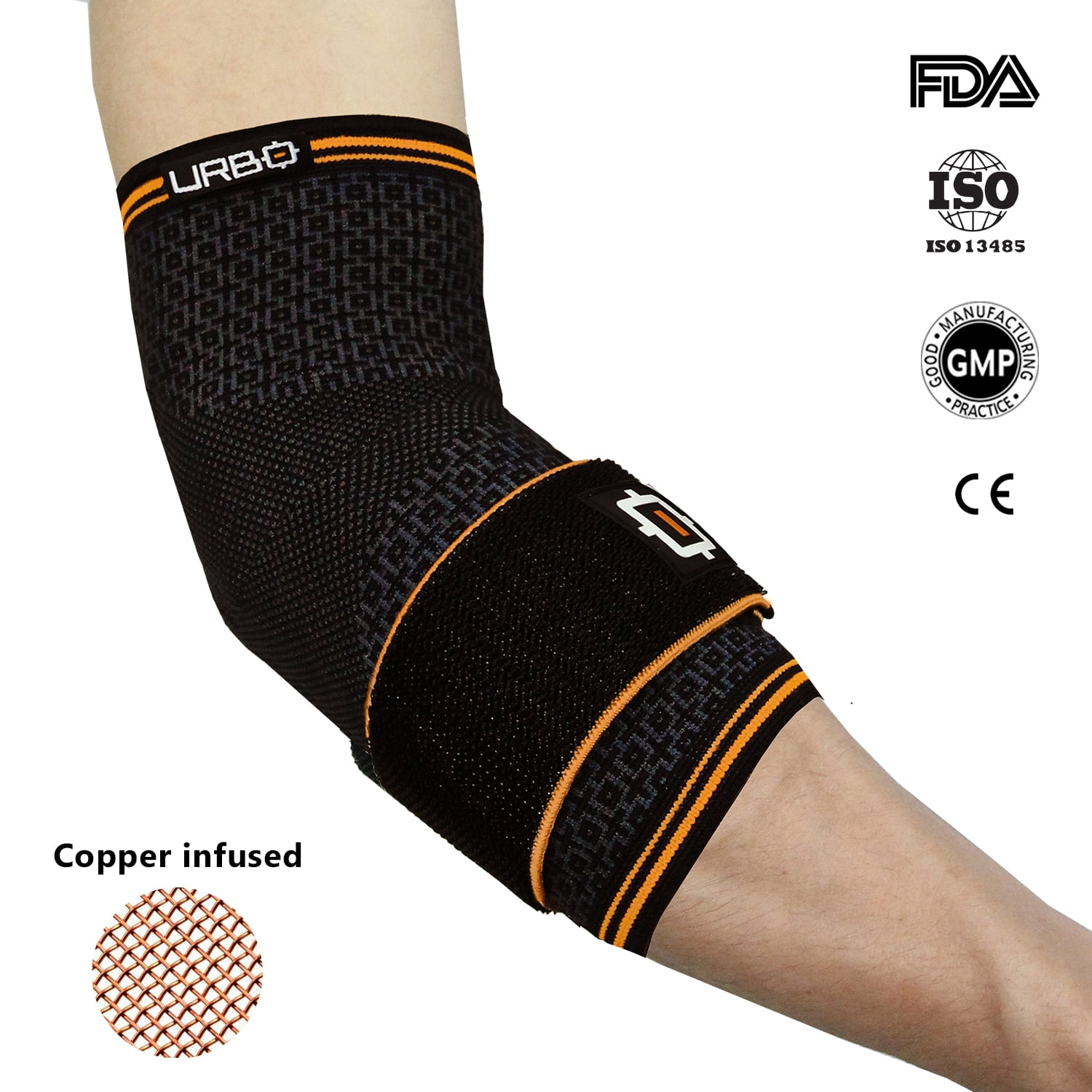 Urbo Elbow Support Sleeve with Forearm Strap - Copper Compression Brace ...