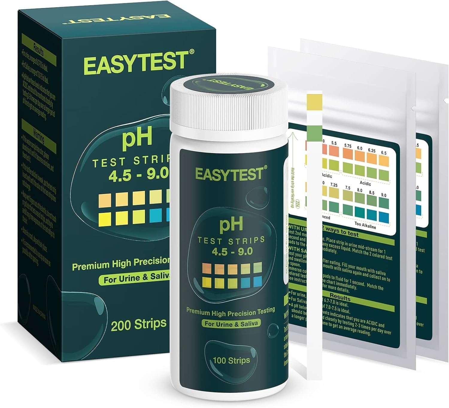 EASYTEST Urine and Saliva pH Test Strips, 200ct, Dual Color Blocks, pH ...