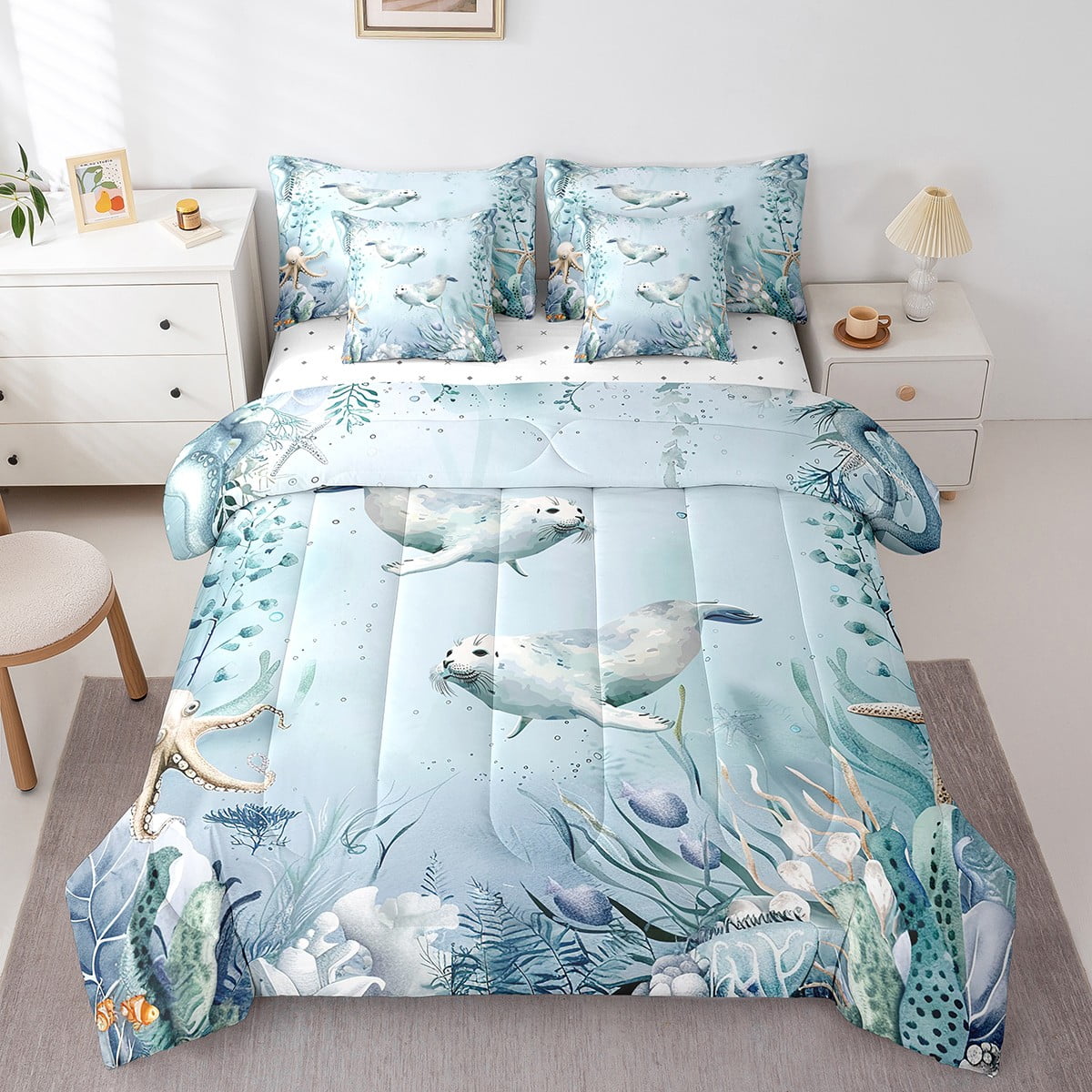 Ursine Seal Comforter Set 7 Piece Bed in a Bag Twin,Teal Blue Ocean ...