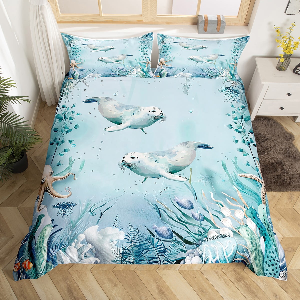 Ursine Seal Duvet Cover Set Teal Blue Ocean Beach Coastal Bedding Sets ...