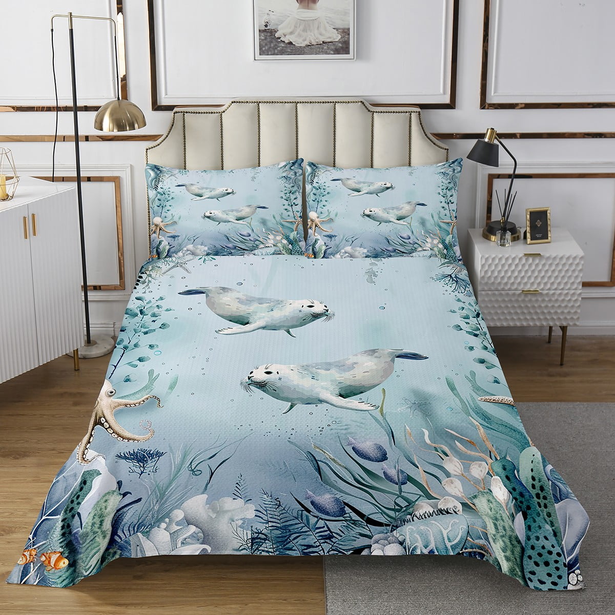 Ursine Seal Quilt Set Teal Blue Ocean Beach Coastal King Bedspread Set ...