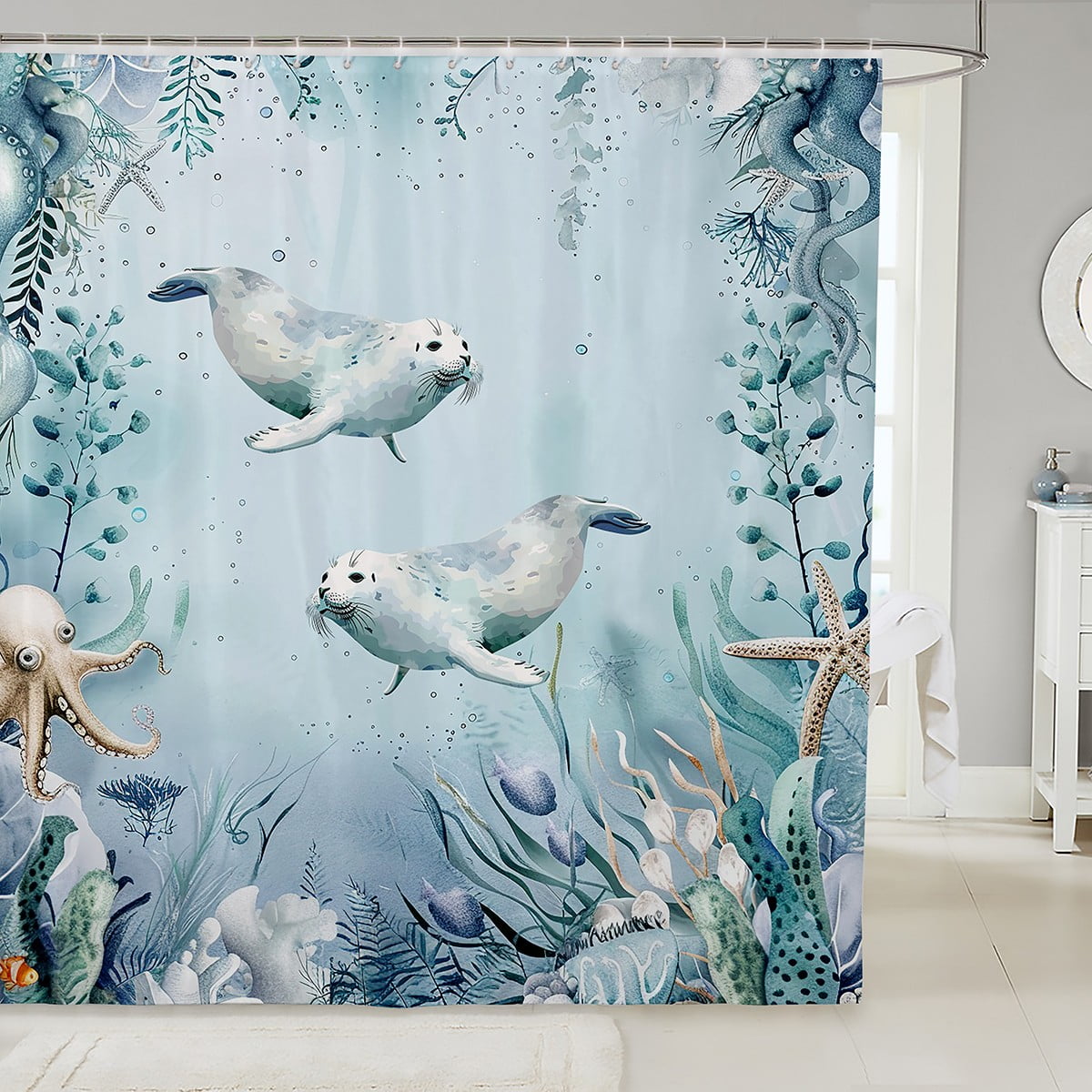 Ursine Seal Shower Curtain Set Teal Blue Beach Coastal Ocean Shower ...