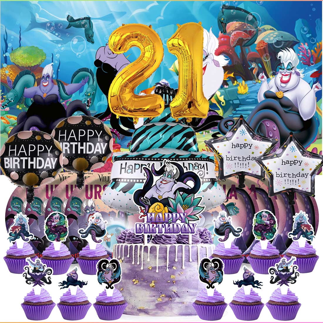 Ursula 21th Tableware Balloons Cake Toppers Backdrop Banner Supplies ...