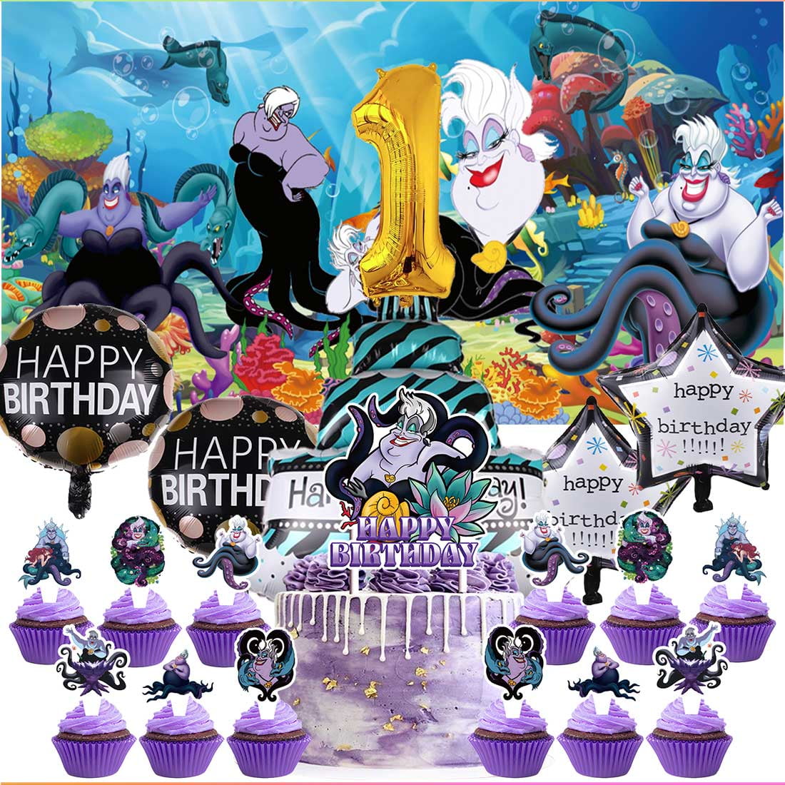 Ursula Party Supplies Decor 1st Kit Balloons Birthday Cake Topper ...