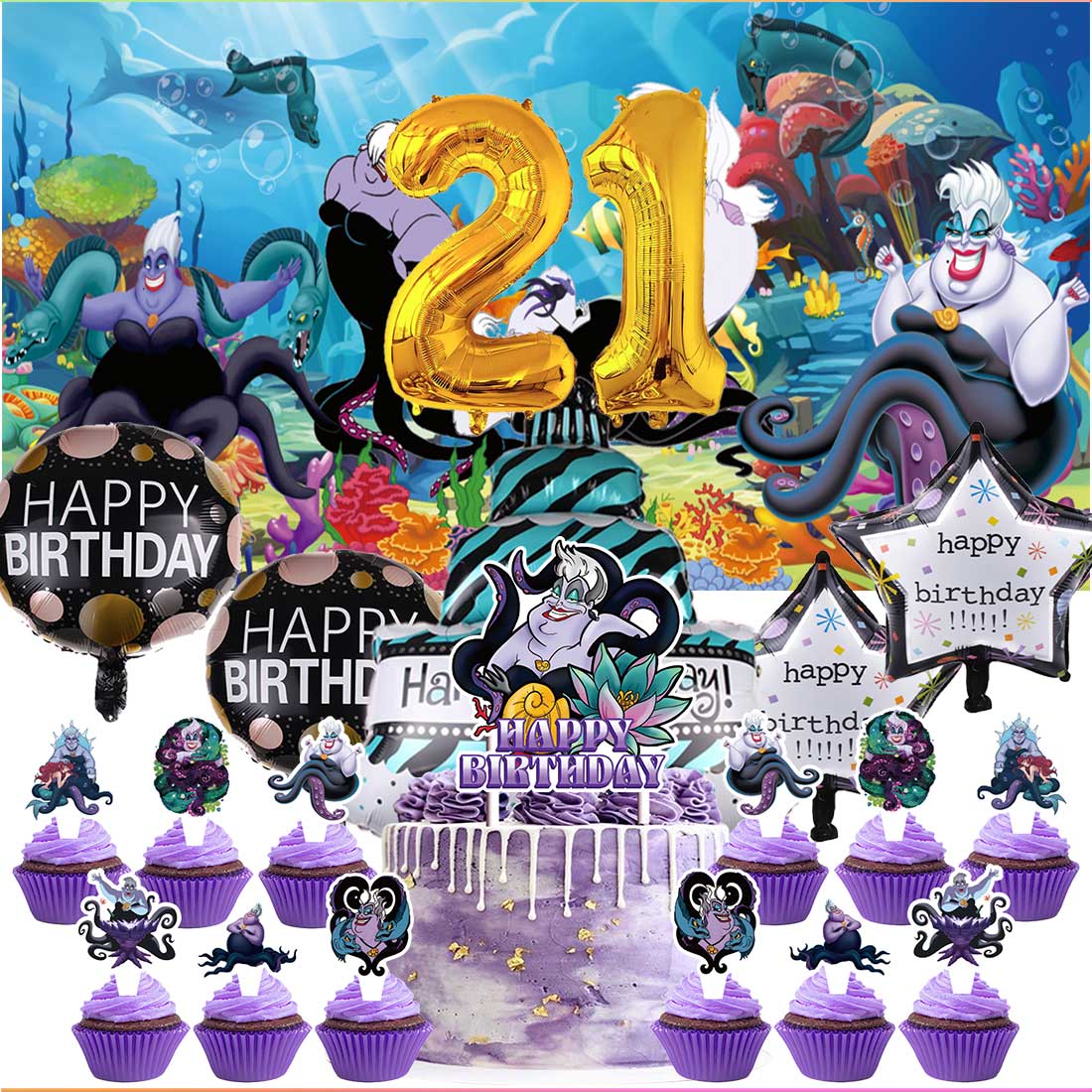Ursula Party Supplies Decor 21th Kit Balloons Birthday Cake Topper ...