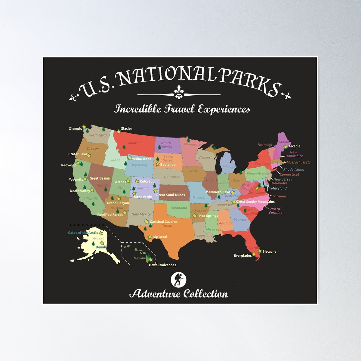 Us National Parks Map Colorful With All 59 National Parks Poster Wall Art, Modern Wall Decor For ...