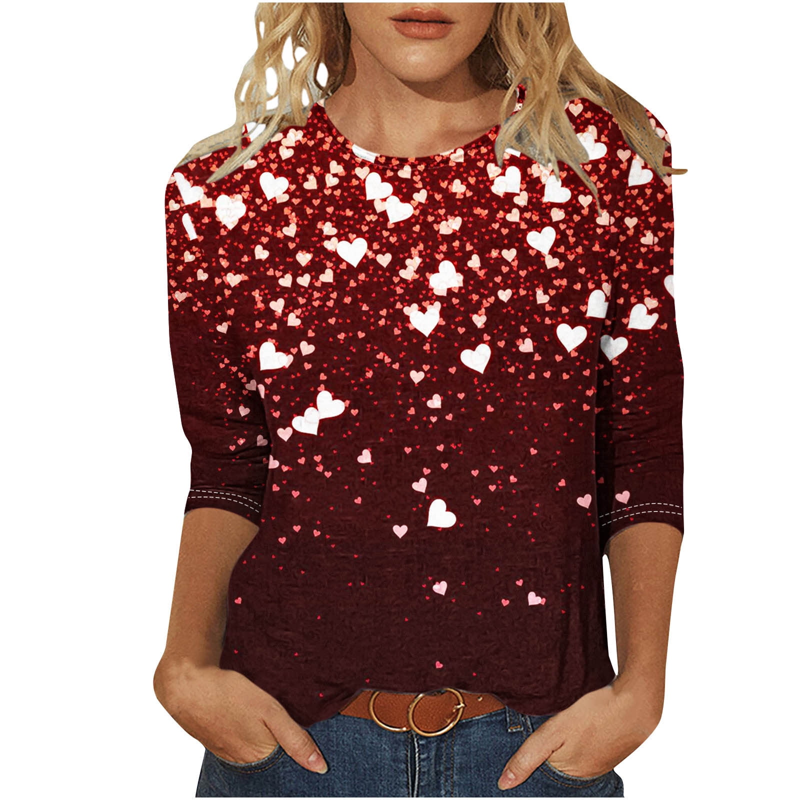 UsYezik Valentines Shirt Women 3/4 Length Sleeve Casual Blouses Valentine Heart Crew Neck ...