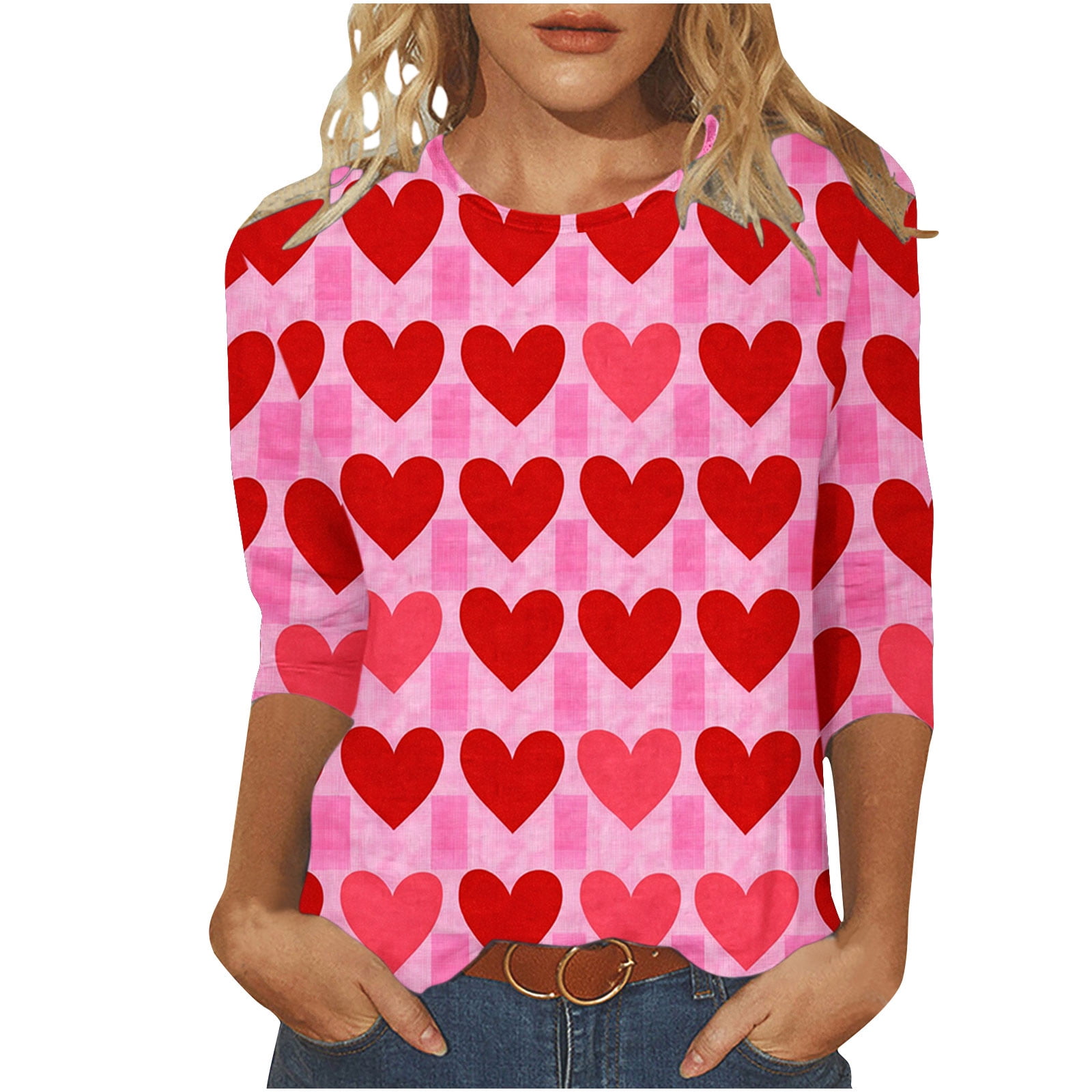 UsYezik Valentines Tshirt for Women 3/4 Length Sleeve Crew Neck Blouses Valentine Gifts Trendy ...