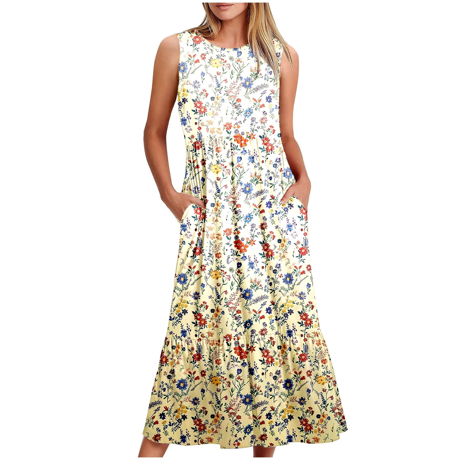 UsYezik Women Dresses Smocked Crew Neck Flowy Tiered Boho Sundresses ...