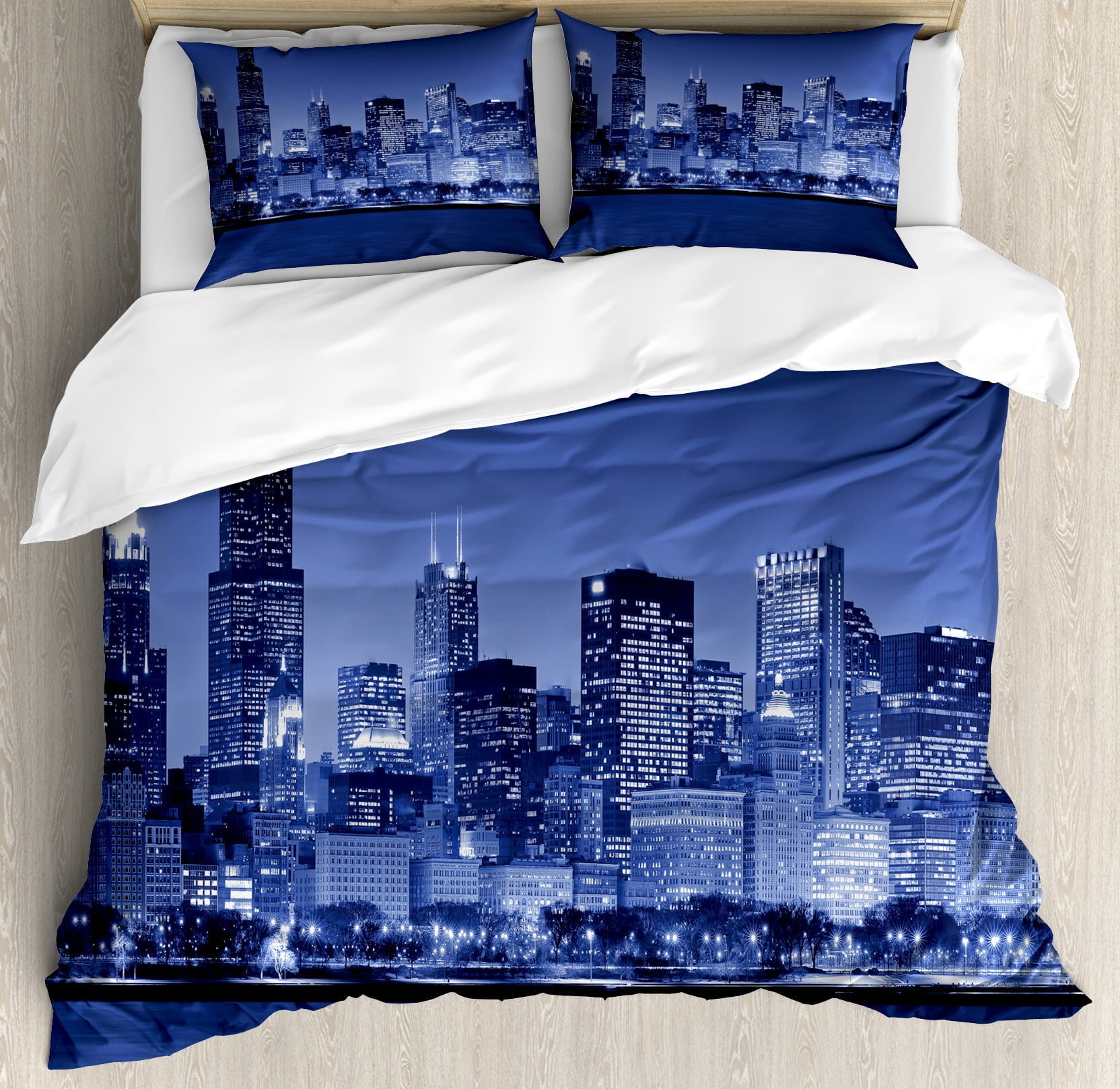 Usa Duvet Cover Set, Chigago City Skyline at Night with Tall Buildings ...