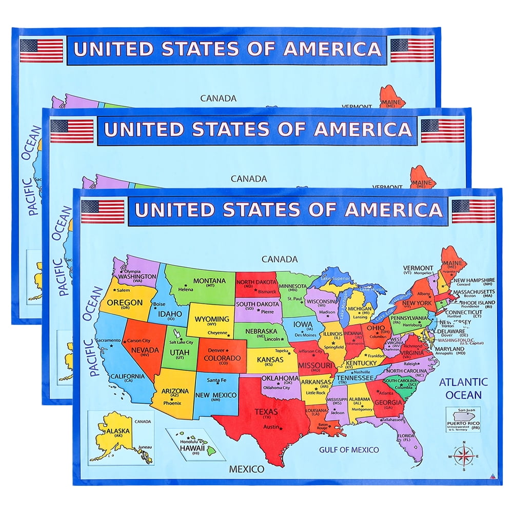 Usa Map Poster,3Pcs USA Map Poster for Kids Laminated United States ...