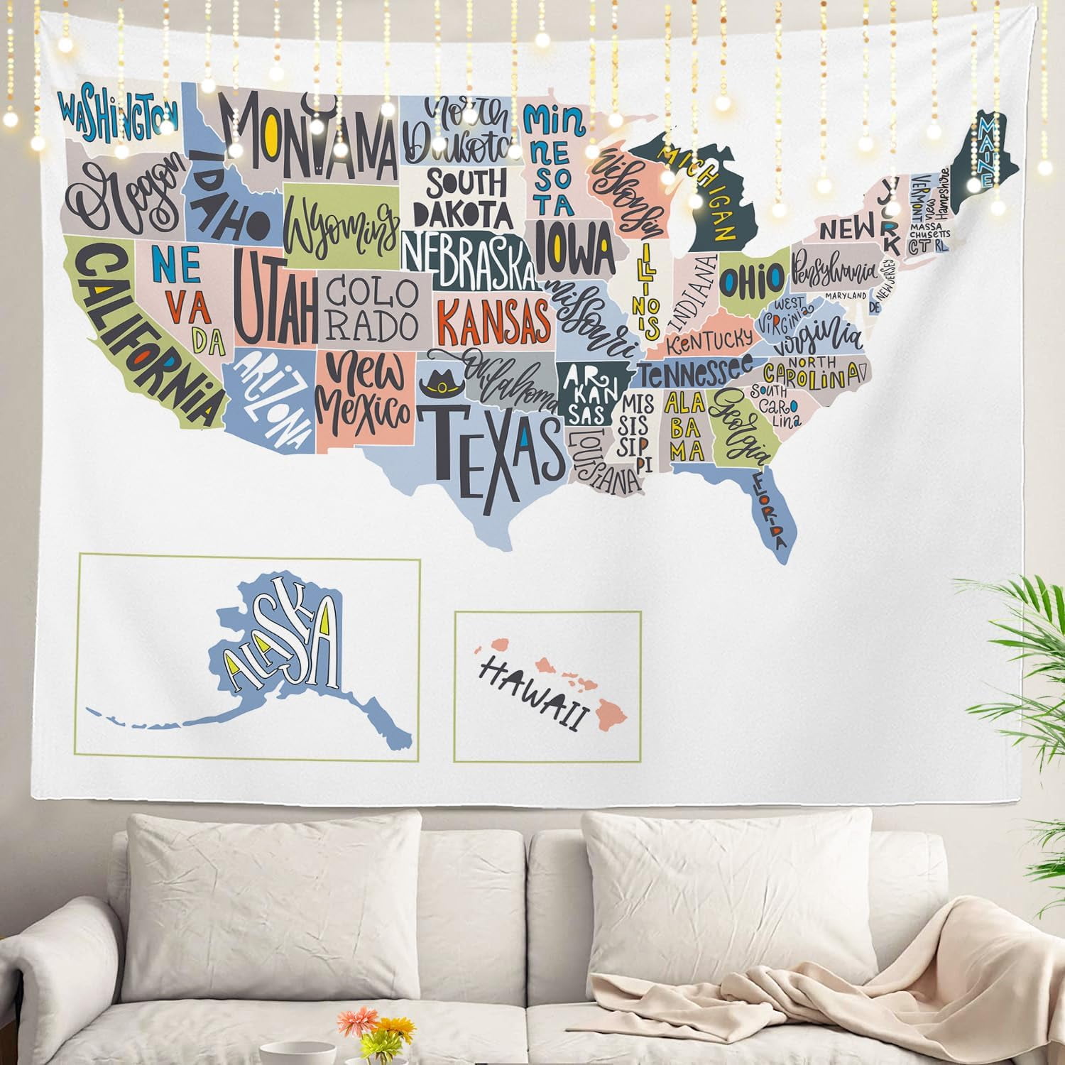 Usa Map with States Tapestry Wall Hanging for Kids Student, Pictorial ...