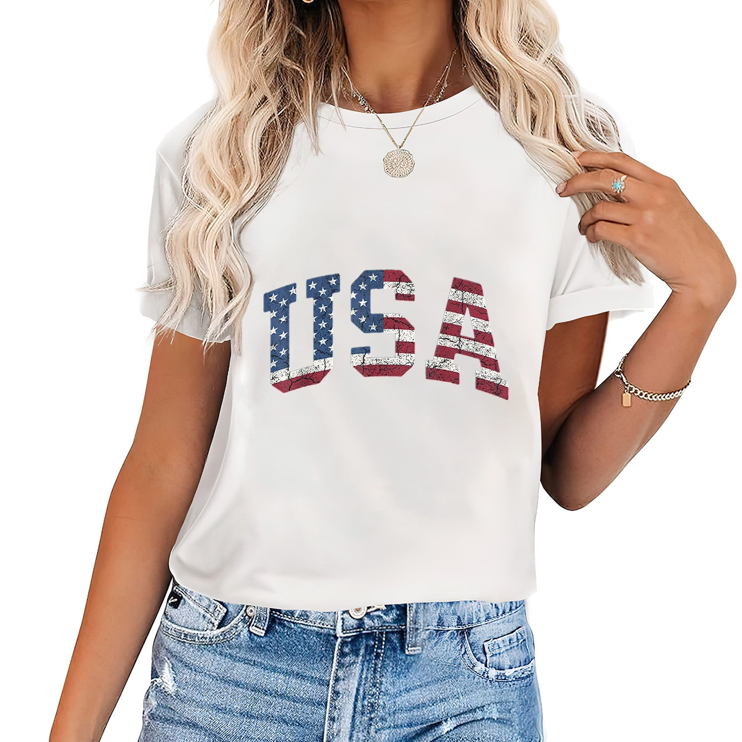 WCJ Women's Patriotic American Flag Distressed T-Shirt, Short Sleeve ...