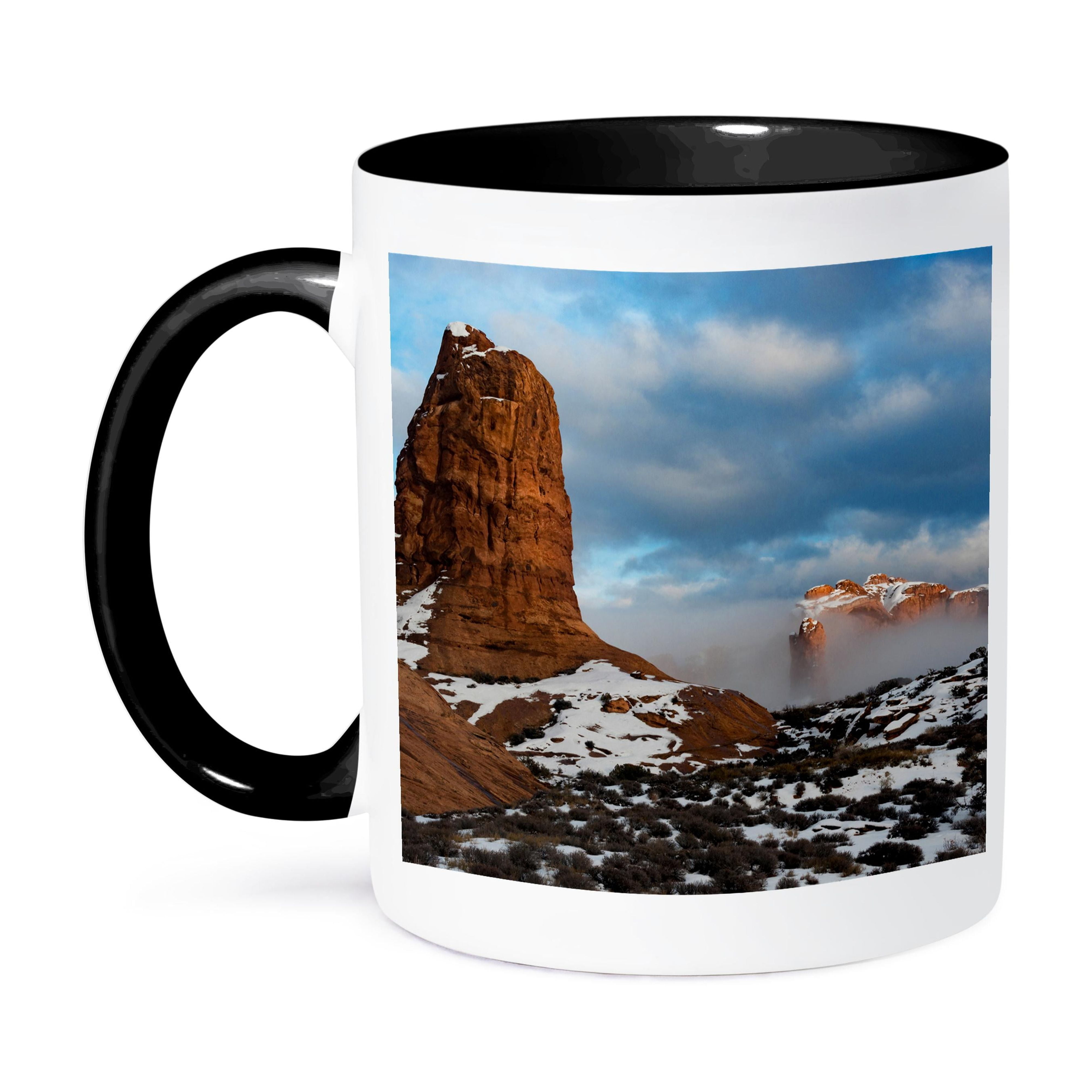Usa, Utah. Fog Descending Over Eroded Cliffs Of The Windows Section, 15oz Two-Tone Black Mug ...