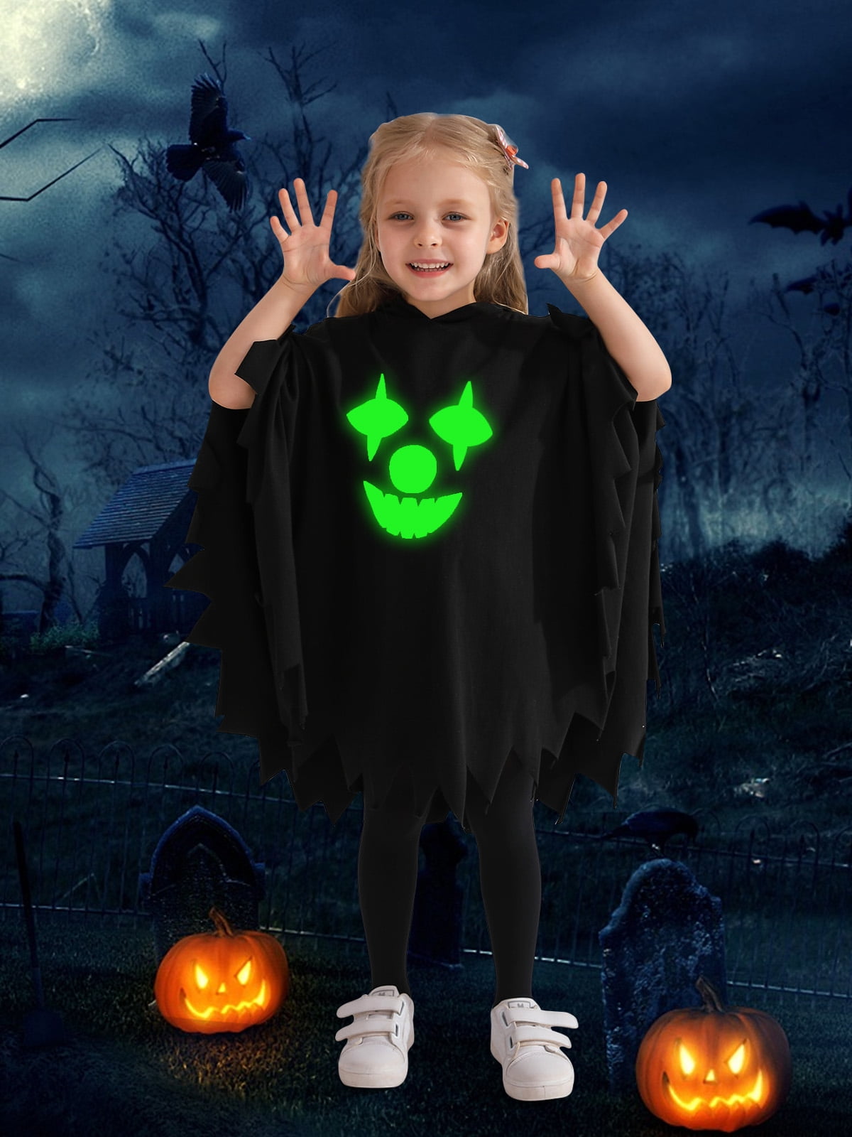 Usaibhir Kids Glow-in-the-Dark Ghost Costume - Hooded Cloak with Scary ...