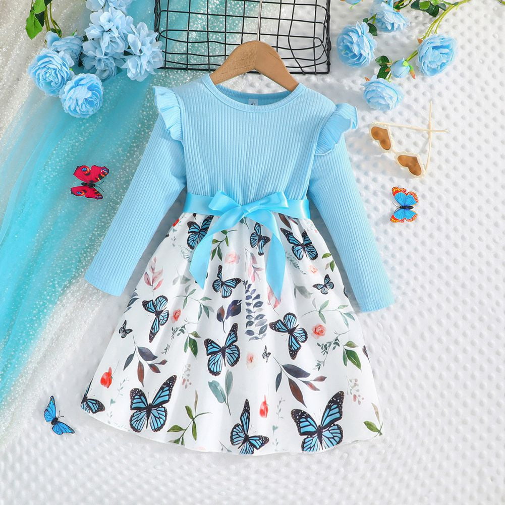 Usaibhir Toddler Girls Autumn Long Sleeve Dress Clothes Sundress Casual Tiered Pleated Butterfly ...