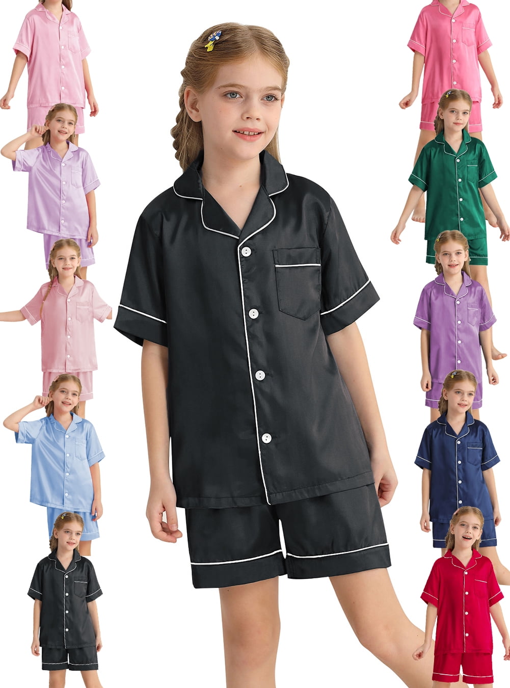 Usaibhir Unisex Satin Pajamas Set Girls Boys Button-Down Pjs Short ...