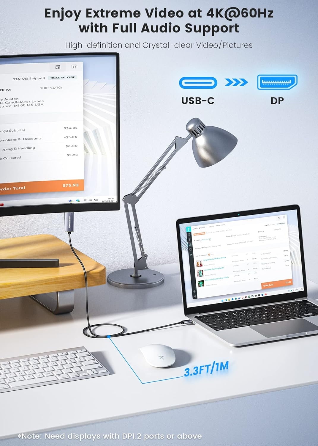 Usb To Displayport, Usb Type-C To Display Port Cable, 4K60Hz Usb C To ...