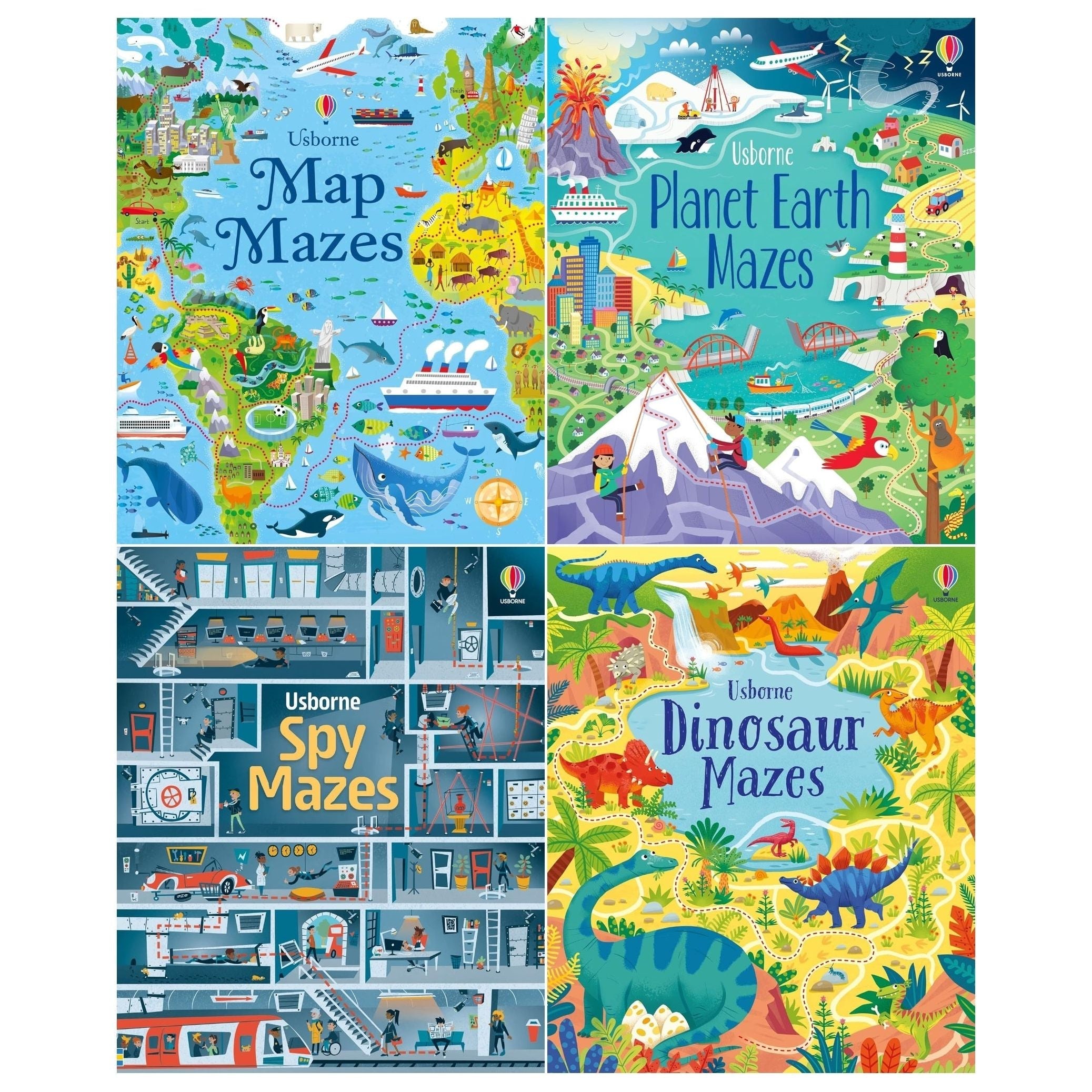 Usborne Mazes Series 4 Books Set (Maps, Planet Earth, Spy, Dinosaur ...