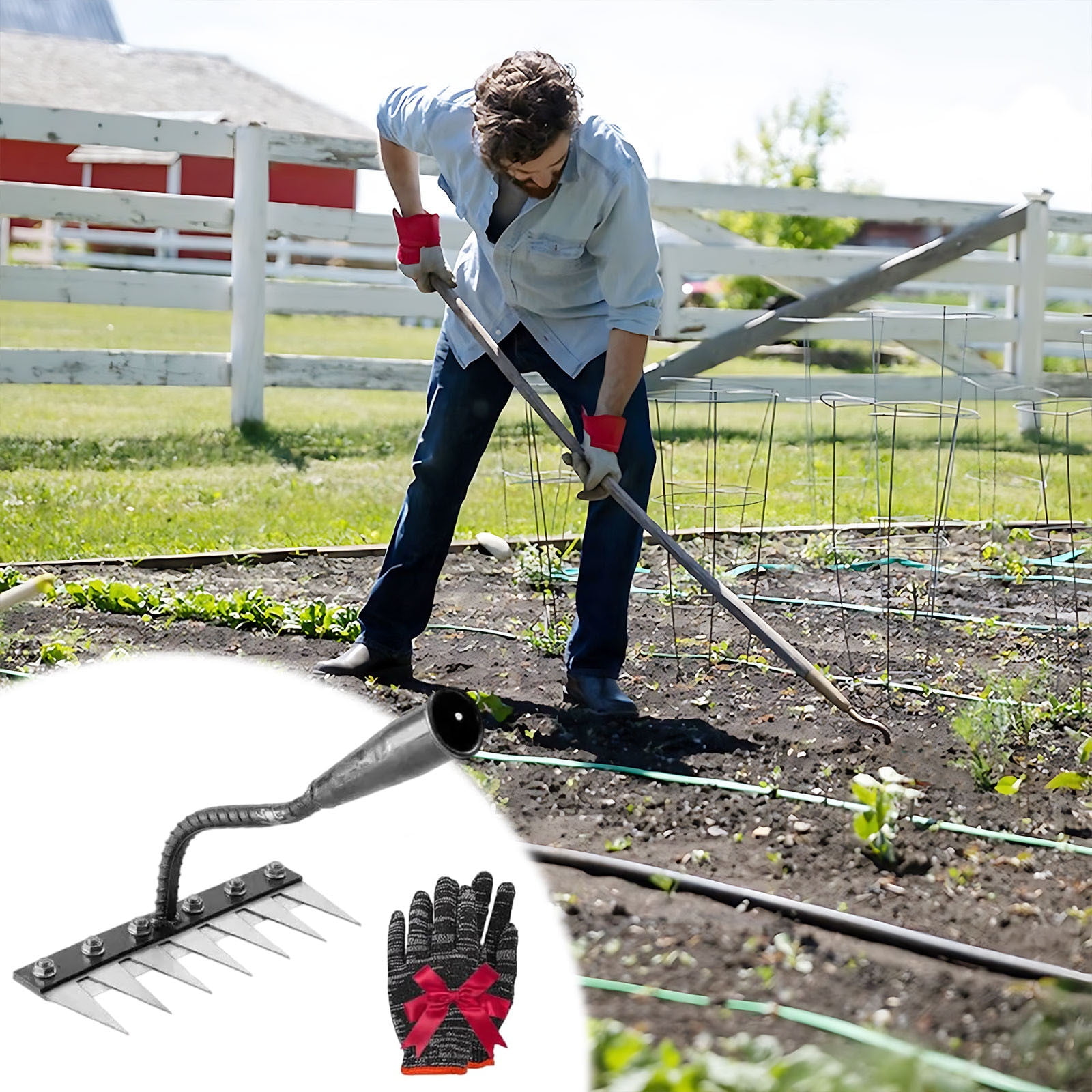Uscallm Heavy Duty Garden Rake with Gloves, Metal Head Rake Tool for ...
