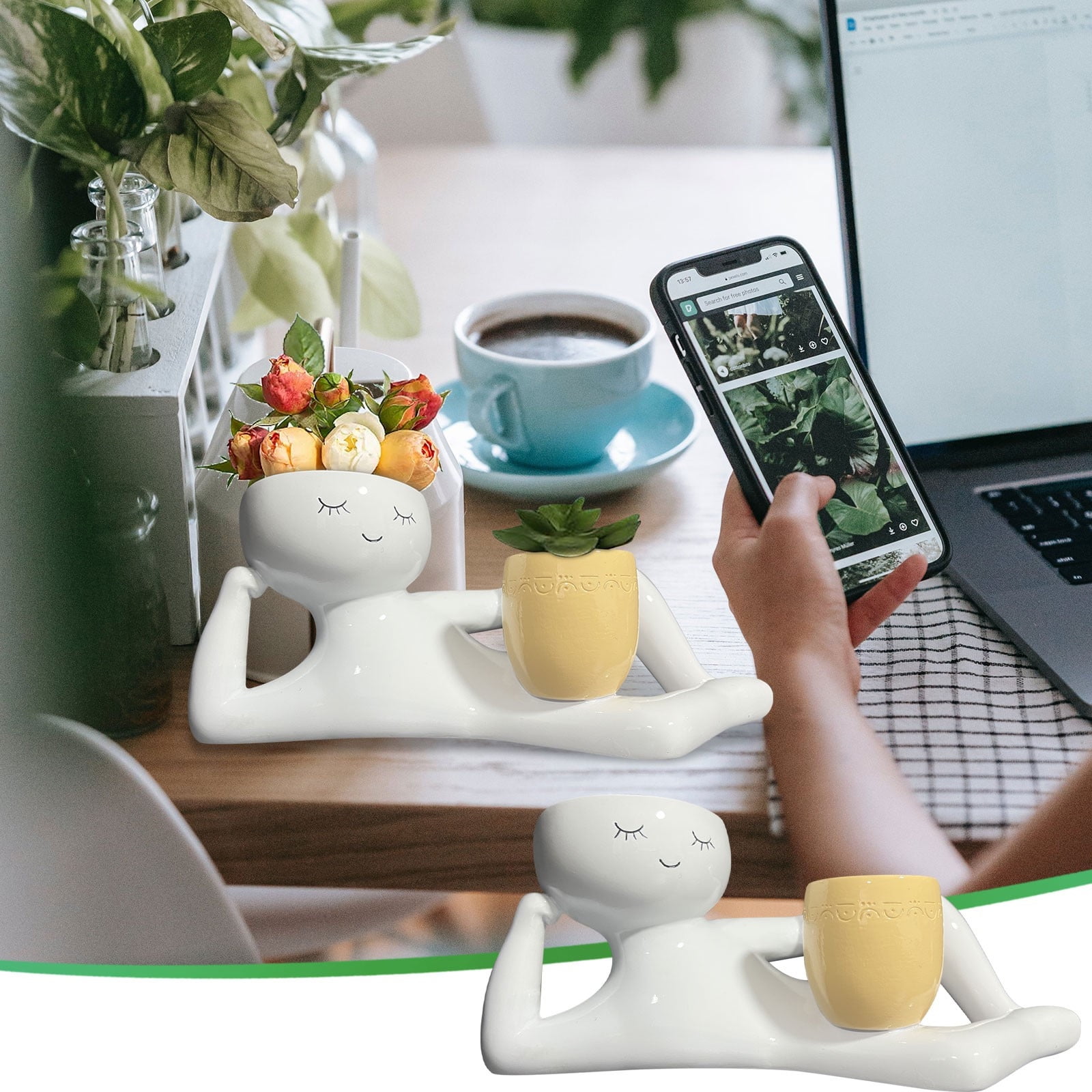 Uscallm Lazy Little Character Flowerpot, Cute Resin Smily Face Planter ...