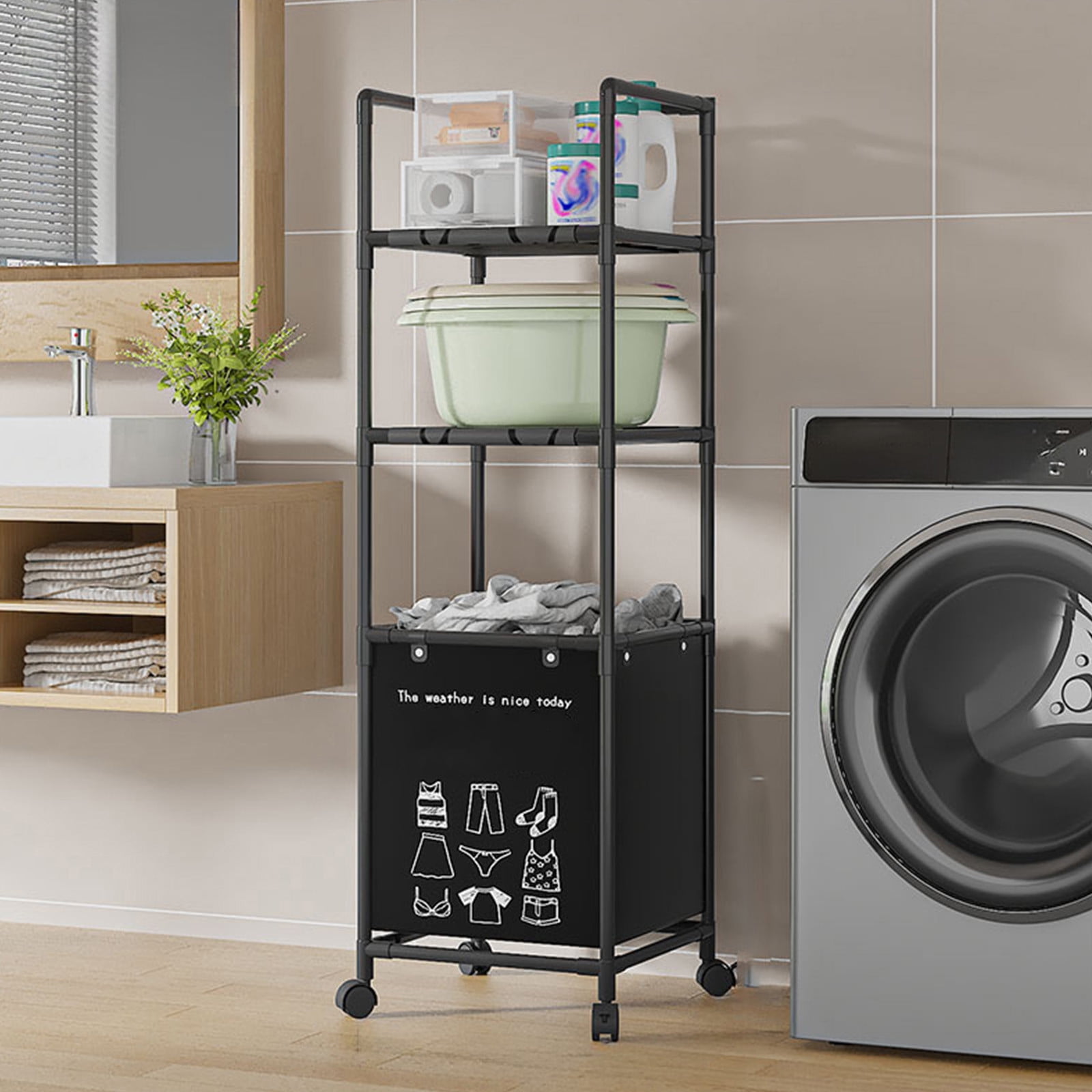 Uscallm Rolling Laundry Basket Organizer with Wheels and 3 Tier Storage ...