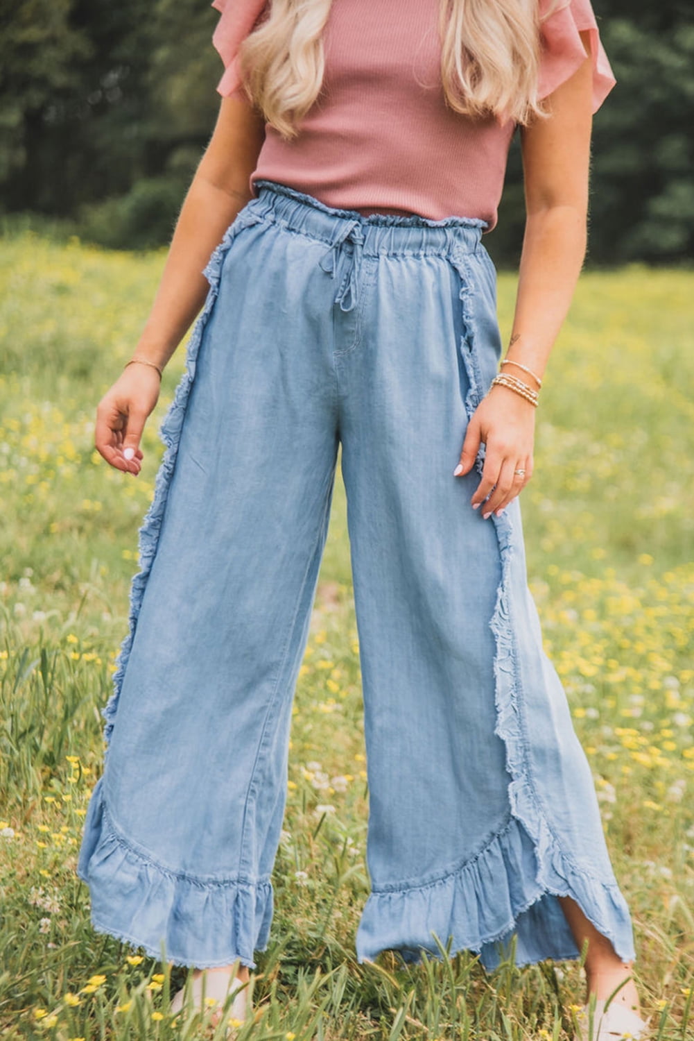Ushdele Boho Chic Myosotis Wide Leg Jeans – Flirty Ruffle Hem, Stylish ...