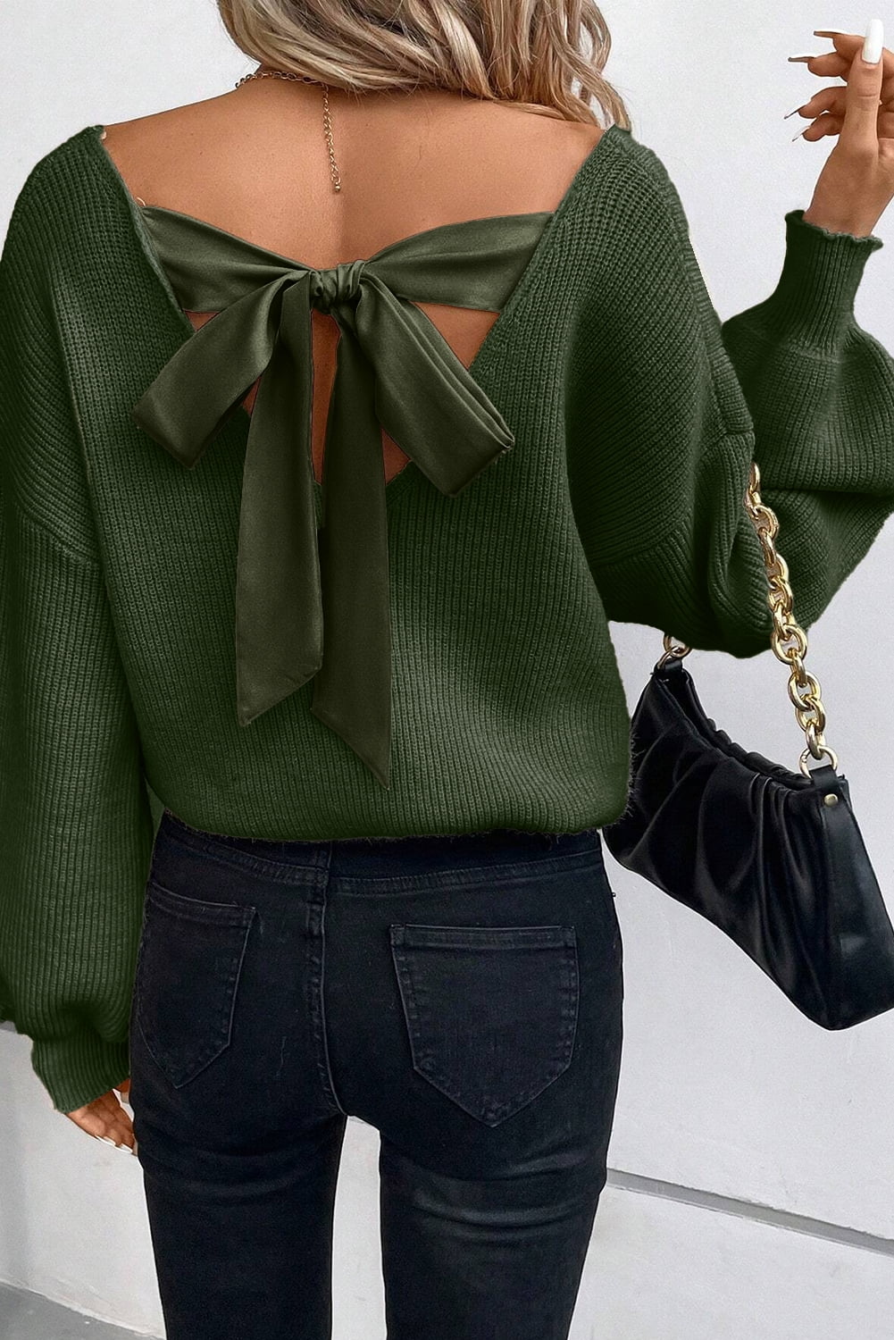 Ushdele Chic Jungle Green Sweater: V-Neck & Lantern Sleeves, Knot ...