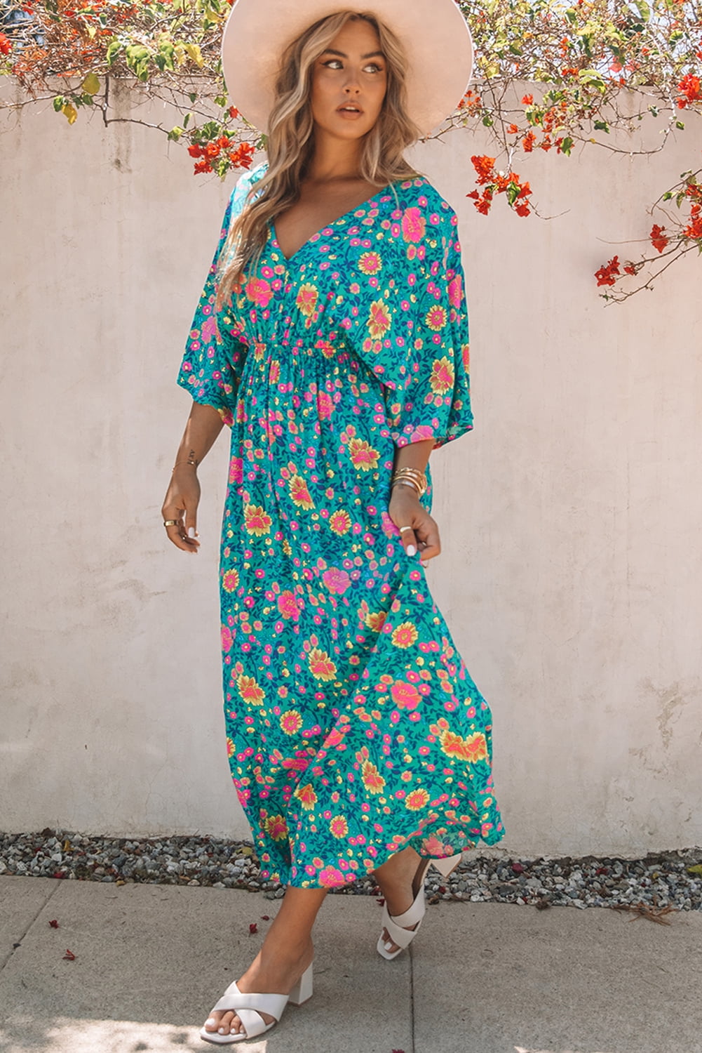 Ushdele Ethereal Green Bohemian Deep V Floral Maxi Ensemble - Walmart.com