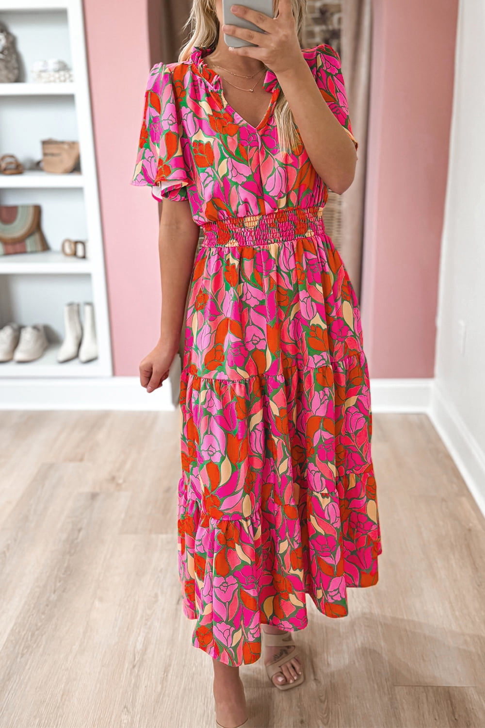 Ushdele Rose Floral Maxi Dress: Short Sleeve, Smocked Waist, Summer ...