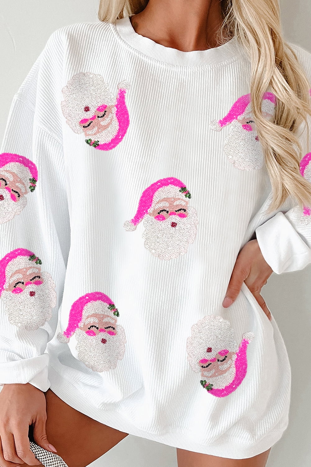Ushdele Sparkle Santa Graphic Oversized Long-Sleeve Blouse ...