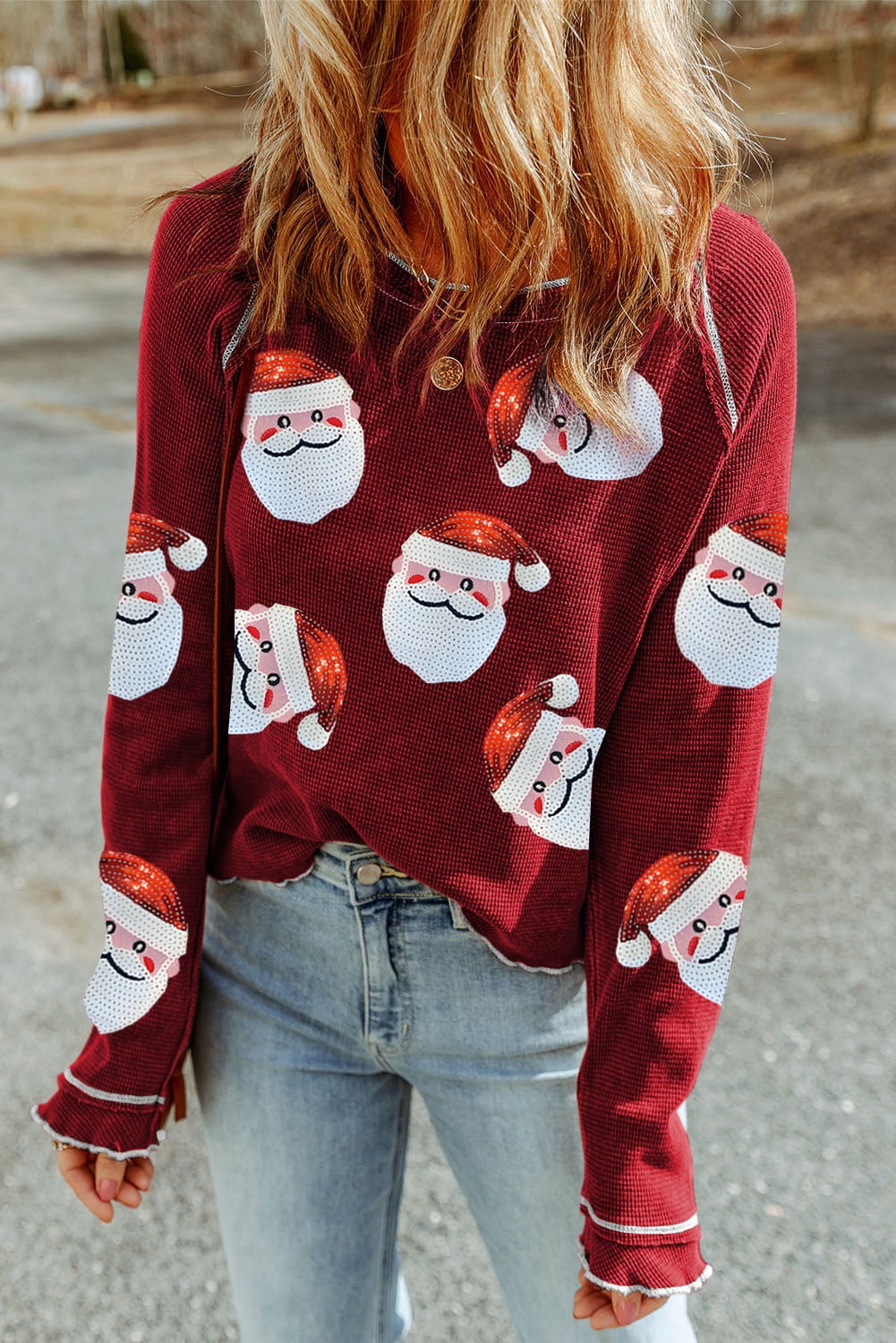 Ushdele Sparkling Red Sequin Santa Tee - Chic Long-Sleeve Holiday Top ...